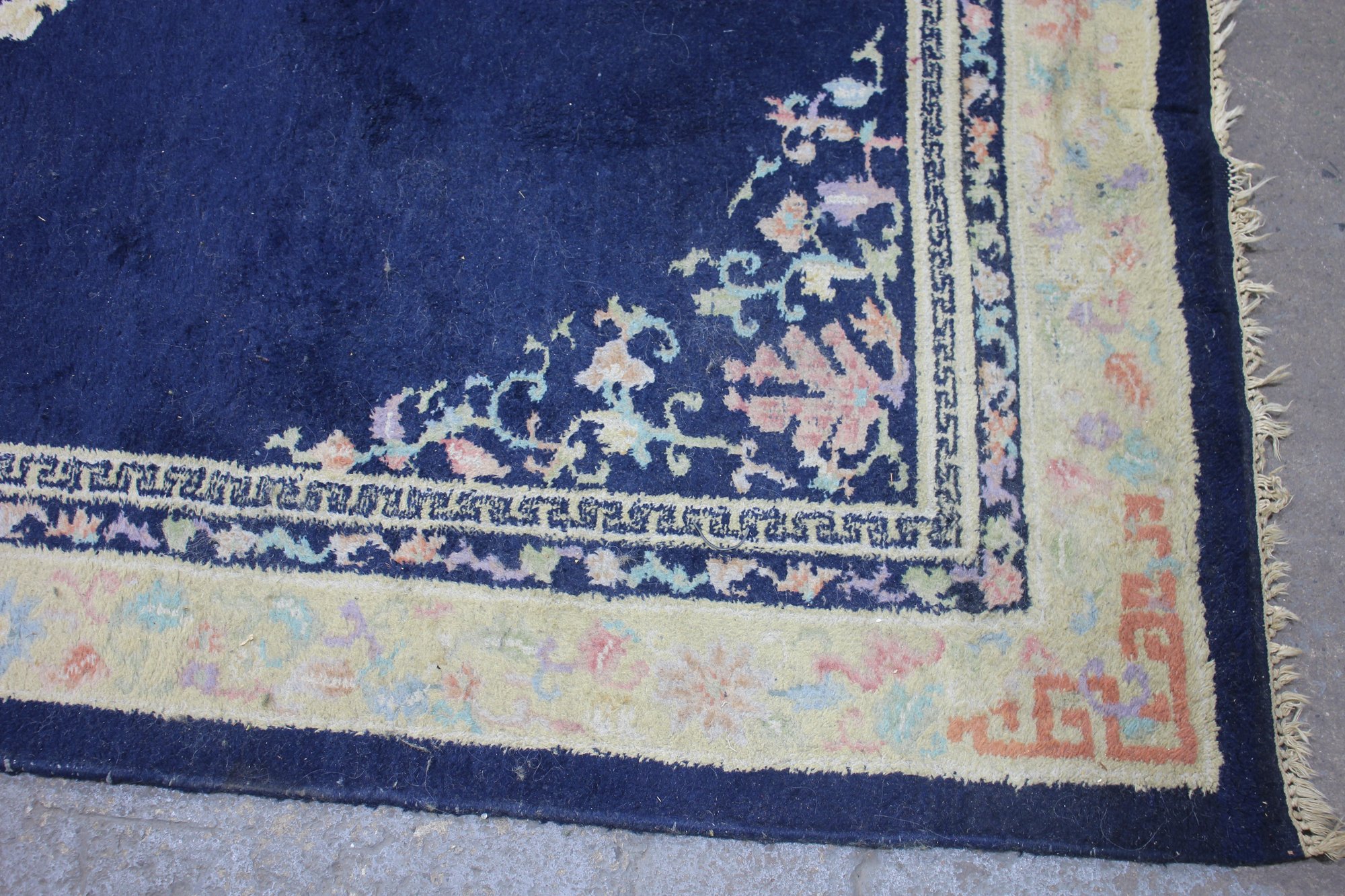 Vintage Chinese Handwoven Wool Rug - Deep Blue Floral Medallion Design ...