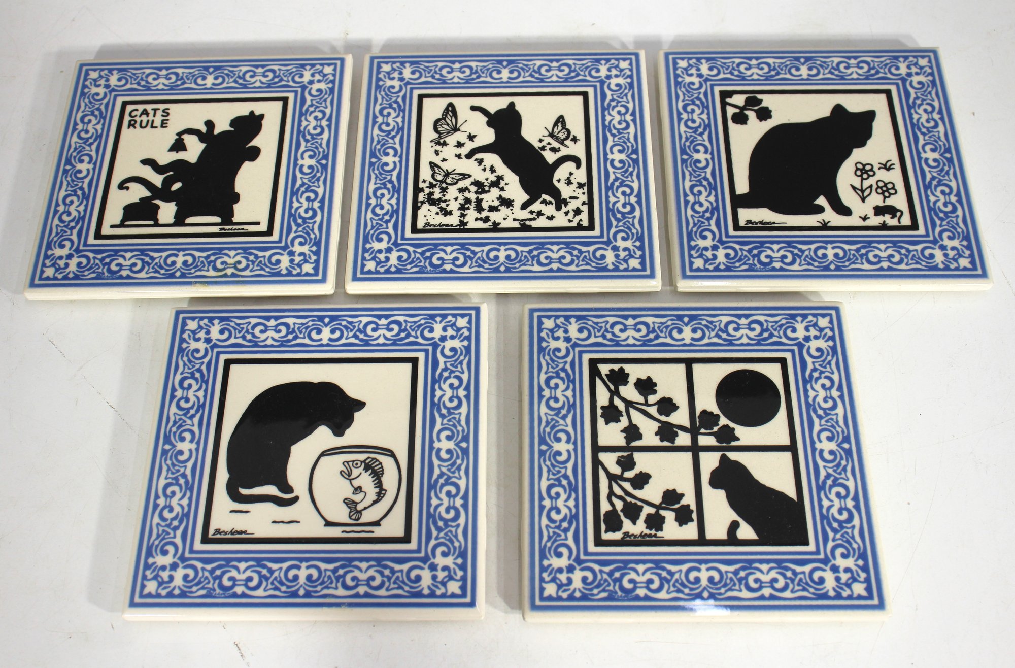 Set Of 5 Besheer Art Tile Cat Silhouette Wall Tiles 6" X 6", Made In ...