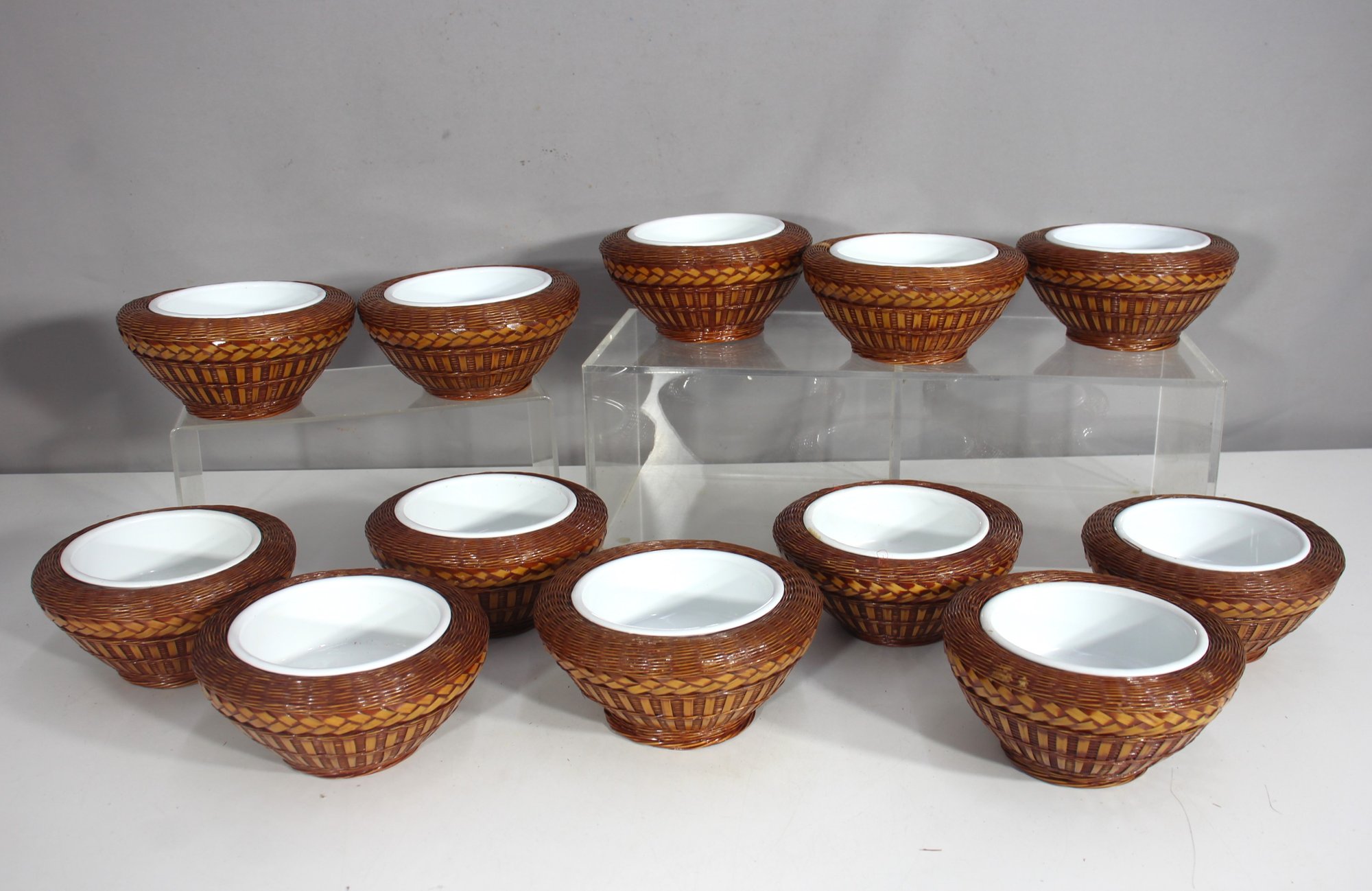 Set Of 12 Vintage Rattan-Style Ramekins 3"H X 6" Round Ceramic Inserts ...
