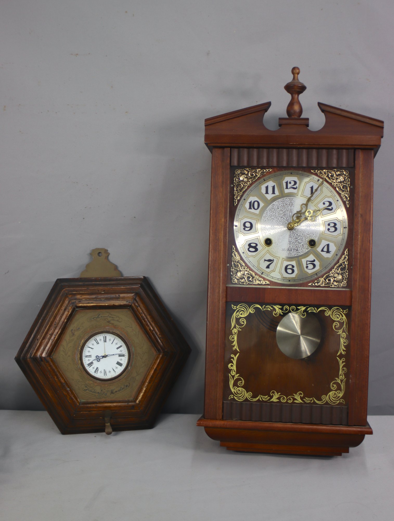 Two Vintage Wall Clocks - 35 Day Pendulum Wall Clock & Small Hexagonal ...