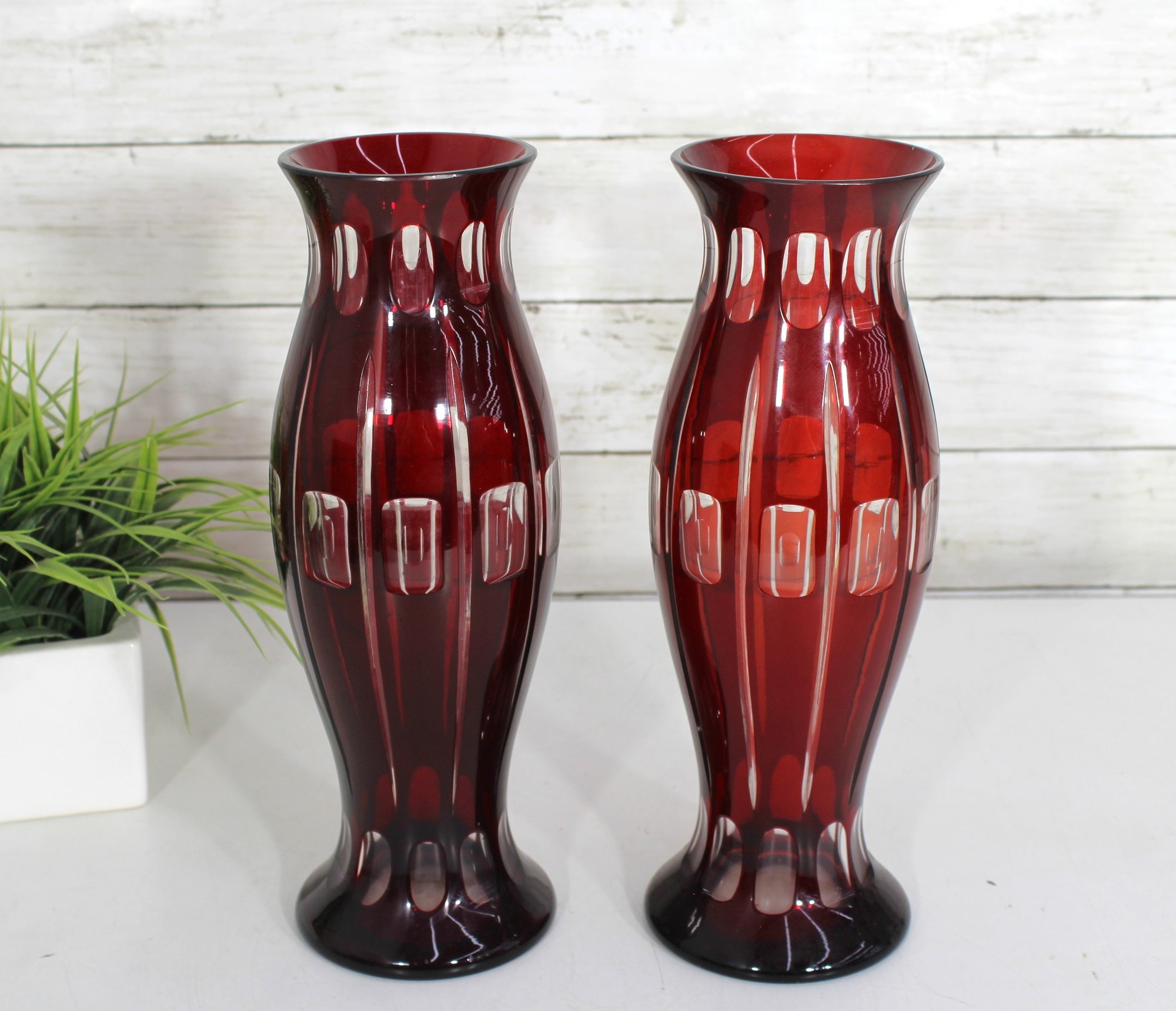 Pair Of Vintage Bohemian Ruby Red Cut-to-Clear Glass Vases 12"H #87502 ...
