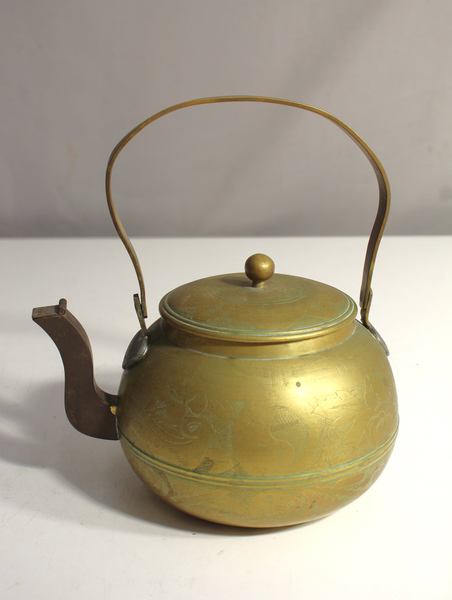 Antique HEAVY BRASS TEAPOT Hand-Engraved YIN & YANG Flower-WHALE-Bird ...