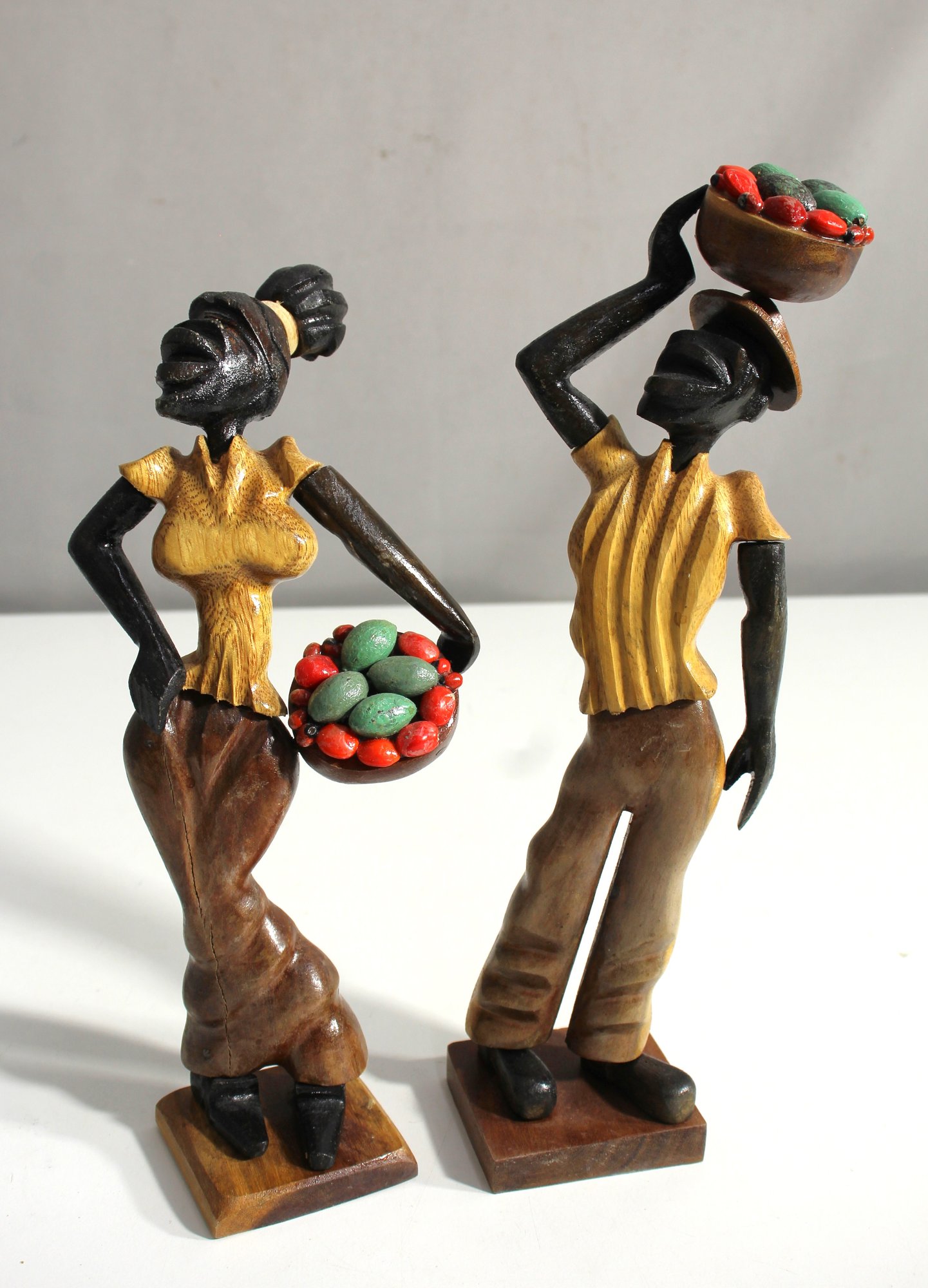 Pair Of Carved Wood Statue Figures Fruit Baskets Dark Skin Folk Ethnic ...