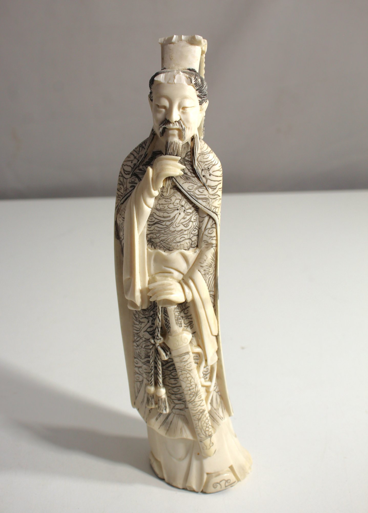 Chinese Bone-Carved Figurine With Detailed Robe Minor Chip On Headpiece ...