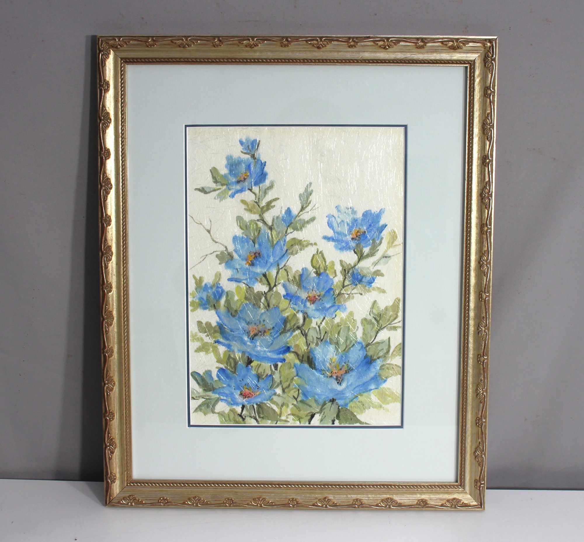 Framed Blue Floral Painting By Anne Connolly Elegant Textured Artwork ...