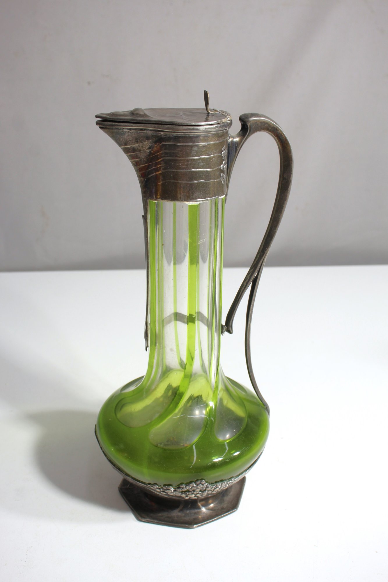 Orivit Pewter Encased Claret Jug Green Glass, Art Nouveau, Germany ...