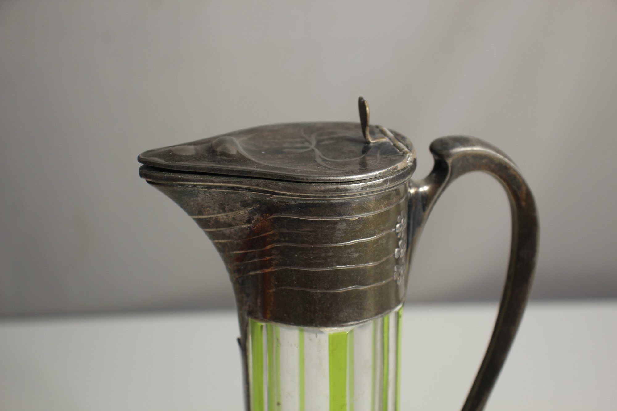 Orivit Pewter Encased Claret Jug Green Glass, Art Nouveau, Germany ...