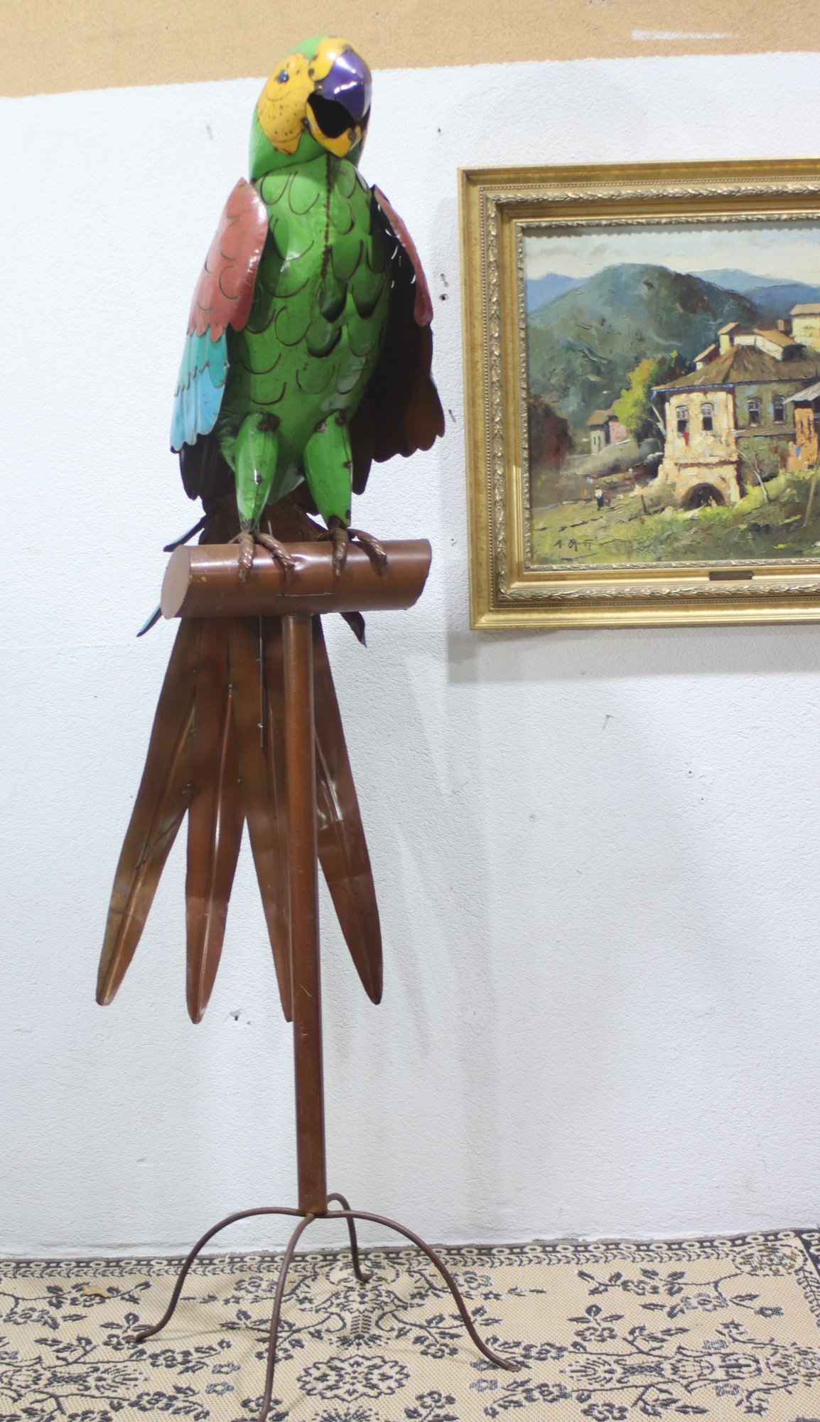 Large 78" Handcrafted Colorful Metal Parrot Sculpture On Stand Tropical ...