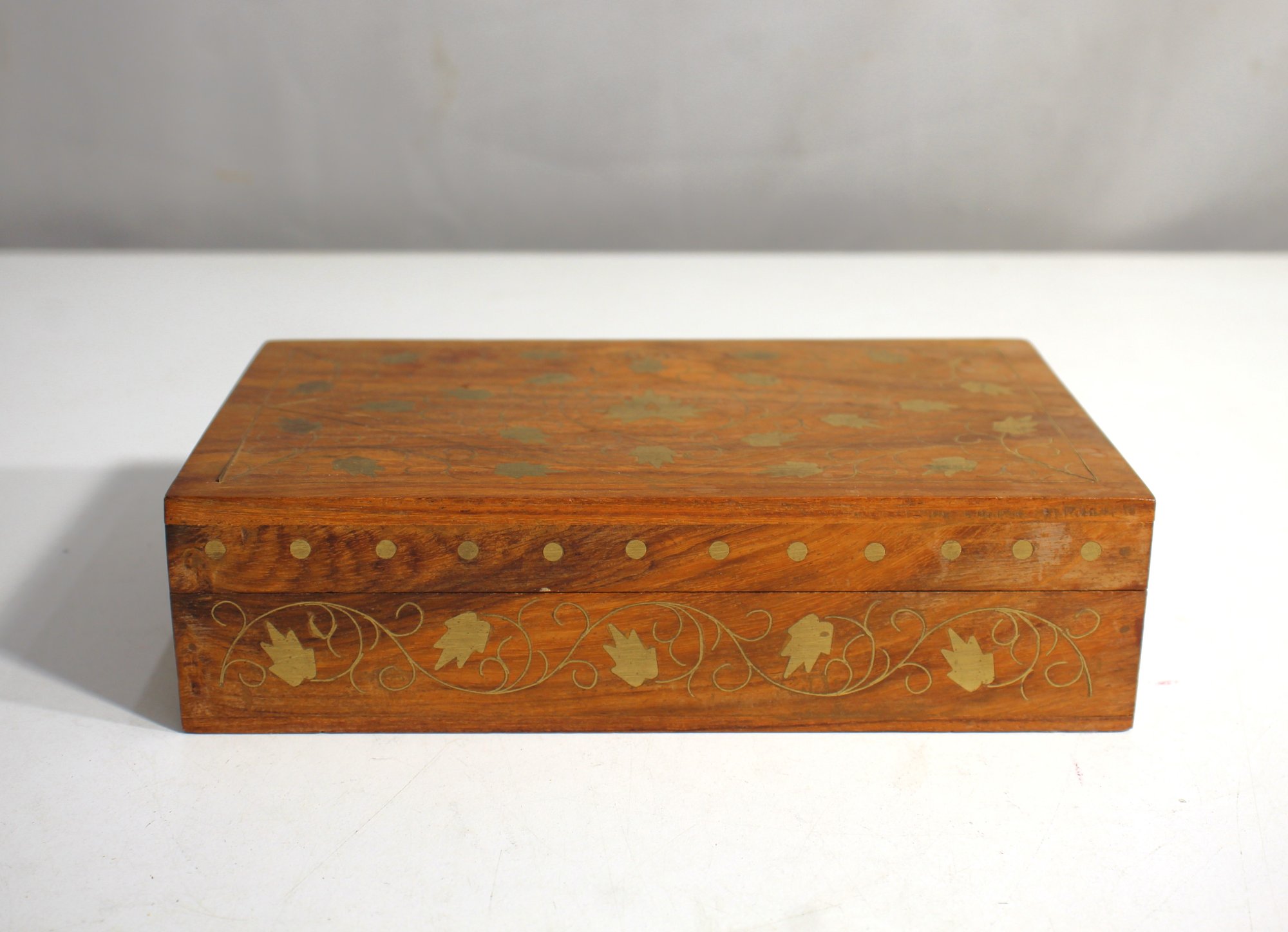 Hand-Carved Teak Wood Box With Brass Inlay - Ivy Leaf Vine Design ...