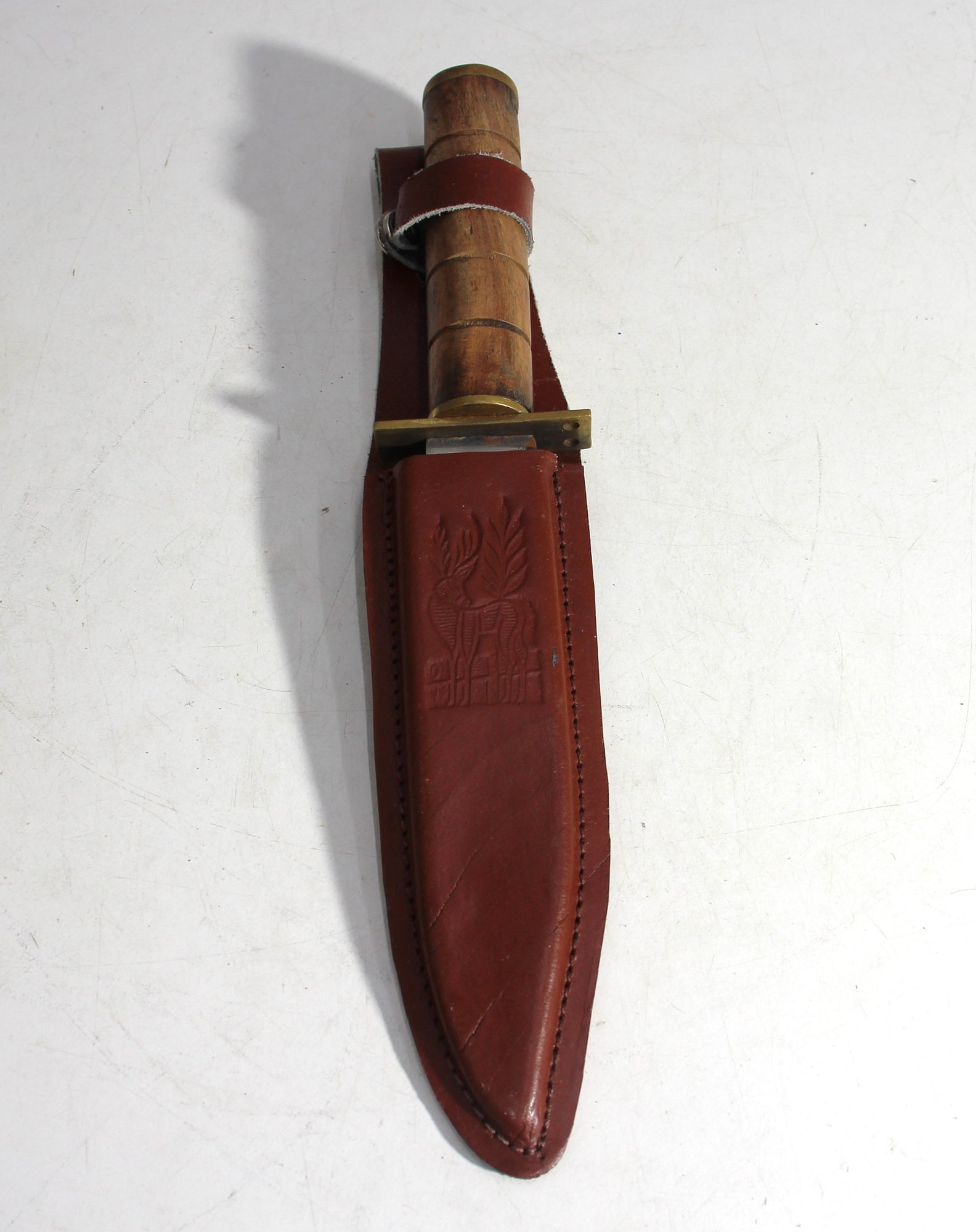 Vintage Survival Hunting Knife With Leather Sheath Wood & Brass Handle ...