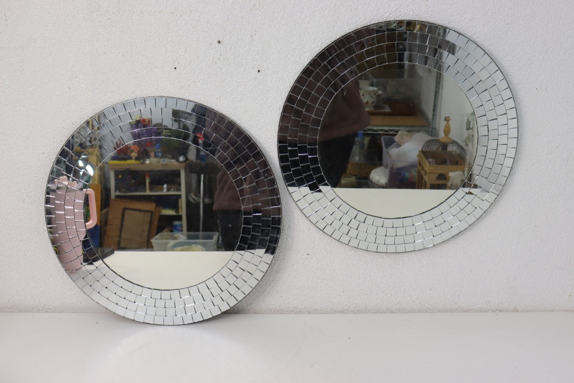 A Pair Of Round Wall Mirrors With Small Mirror Tile Mosaic Border ...