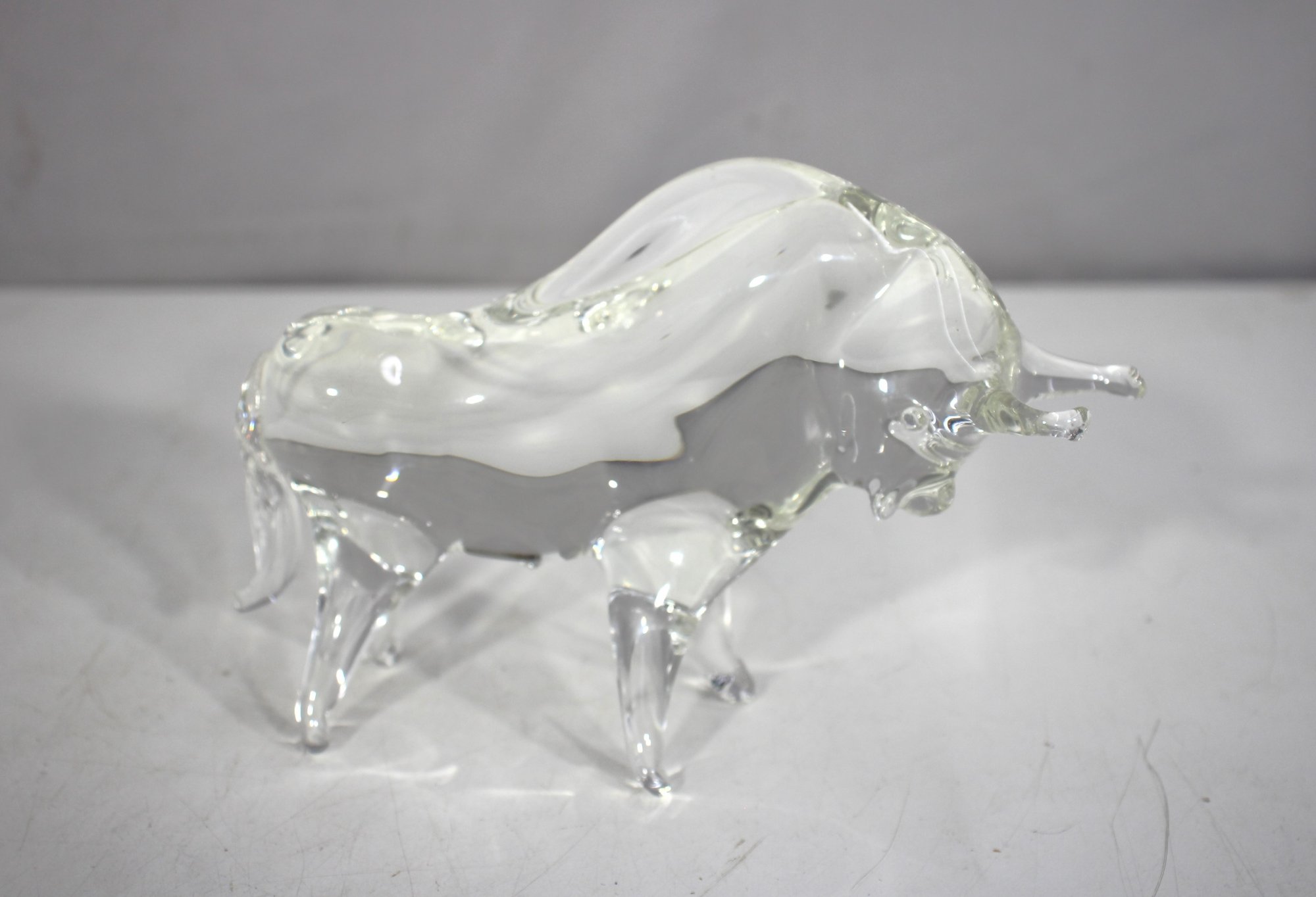 Signed Murano Art Glass Bull Sculpture 6" Hand Blown Clear & White ...