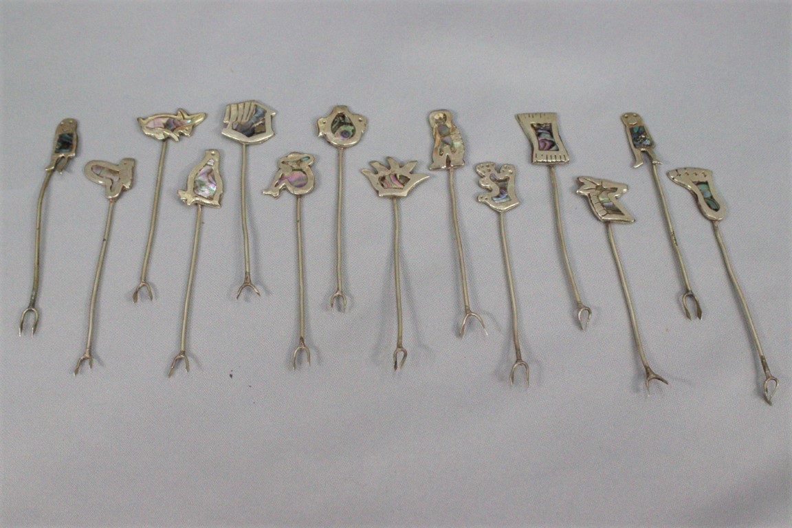 Vintage Set Of 14 Hand Crafted Abalone And Silver Cocktail Picks/Forks ...
