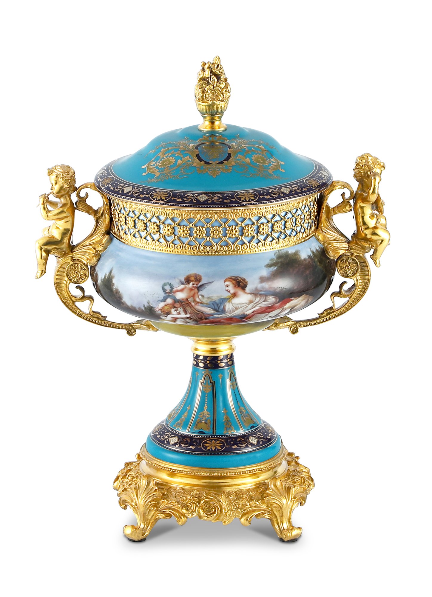 Resplendent Teal Blue Cherub Decorative Urn #5495 | Auctionninja.com