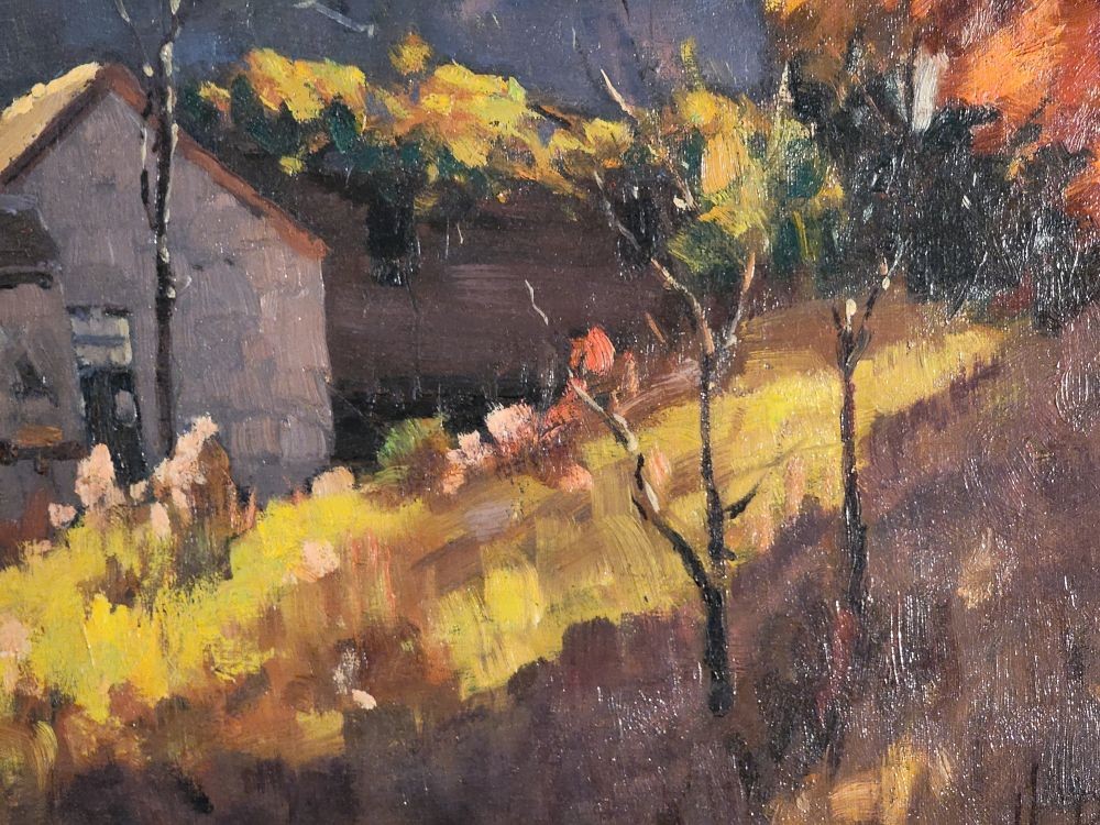 Landscape Of A Home In New England In The Fall. Oil On Board, Signed ...