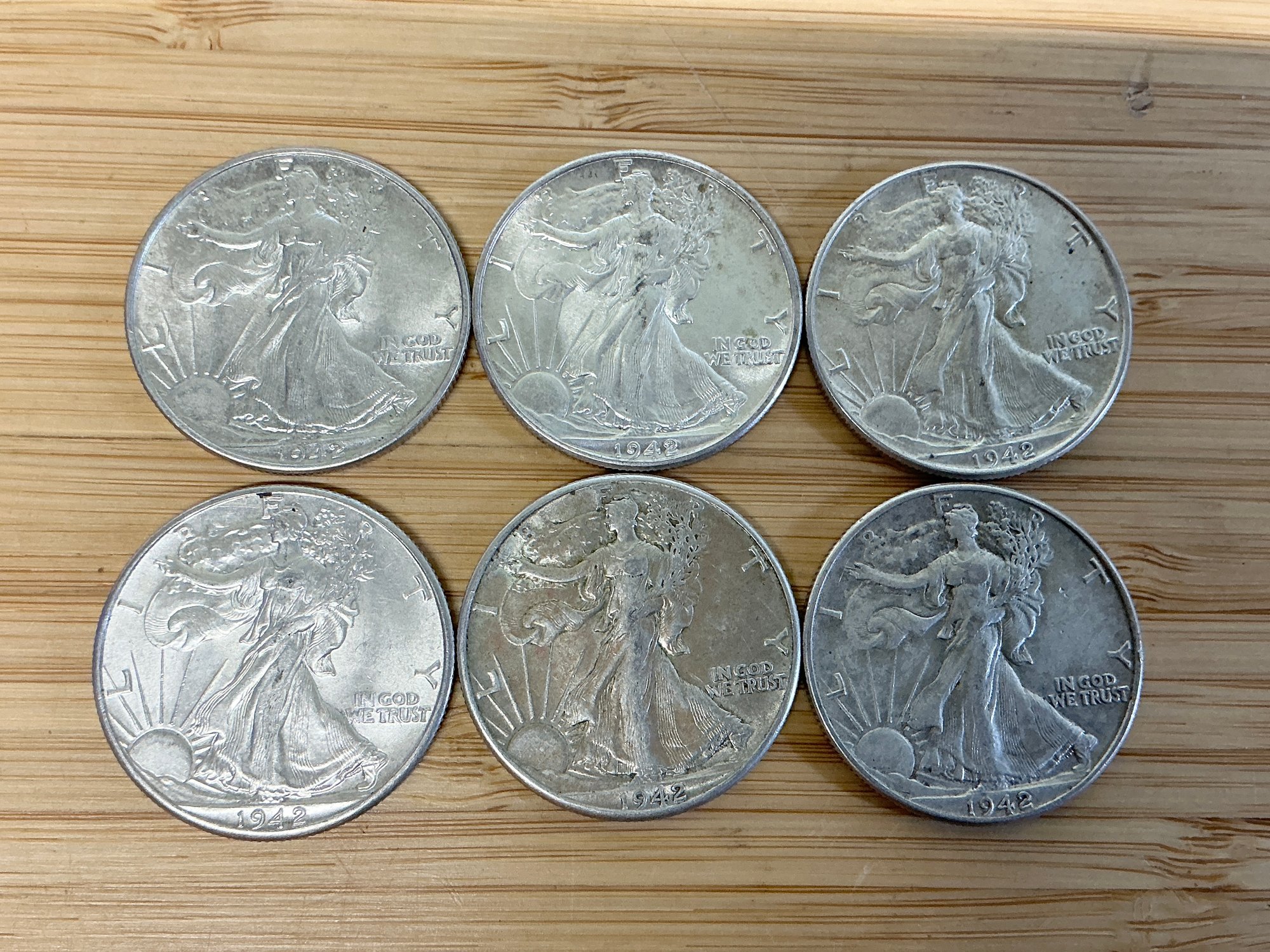 6 Higher Grade 1942 Walking Liberty Half Dollars 90 Percent Silver ...