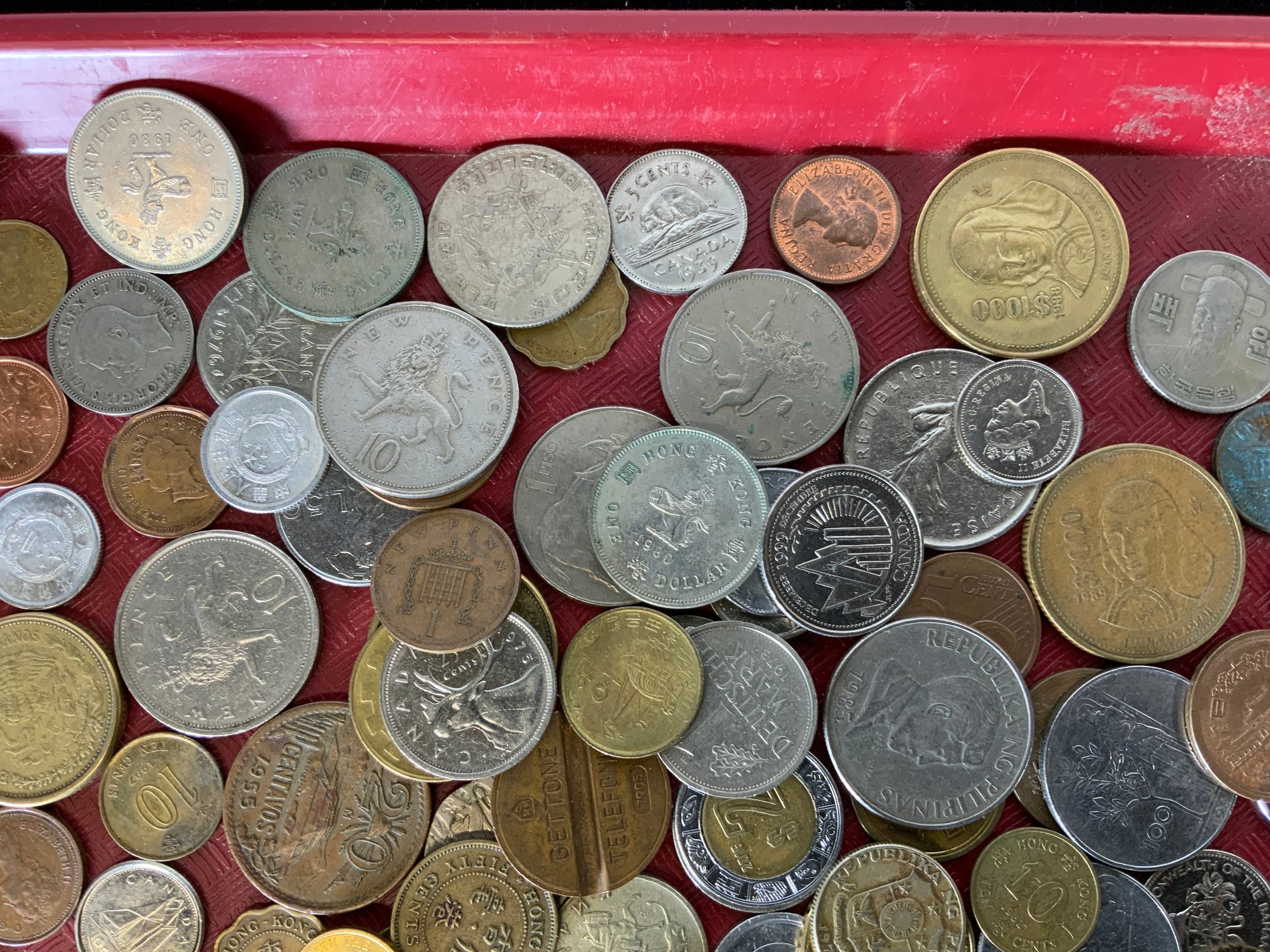 Large Tray Of Vintage And Antique Foreign Coins Tokens Hong Kong Mexico ...