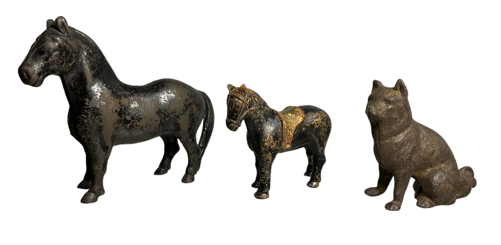 Two Antique Iron Horse Form Banks And An Iron Toy Dog Figure Maker ...
