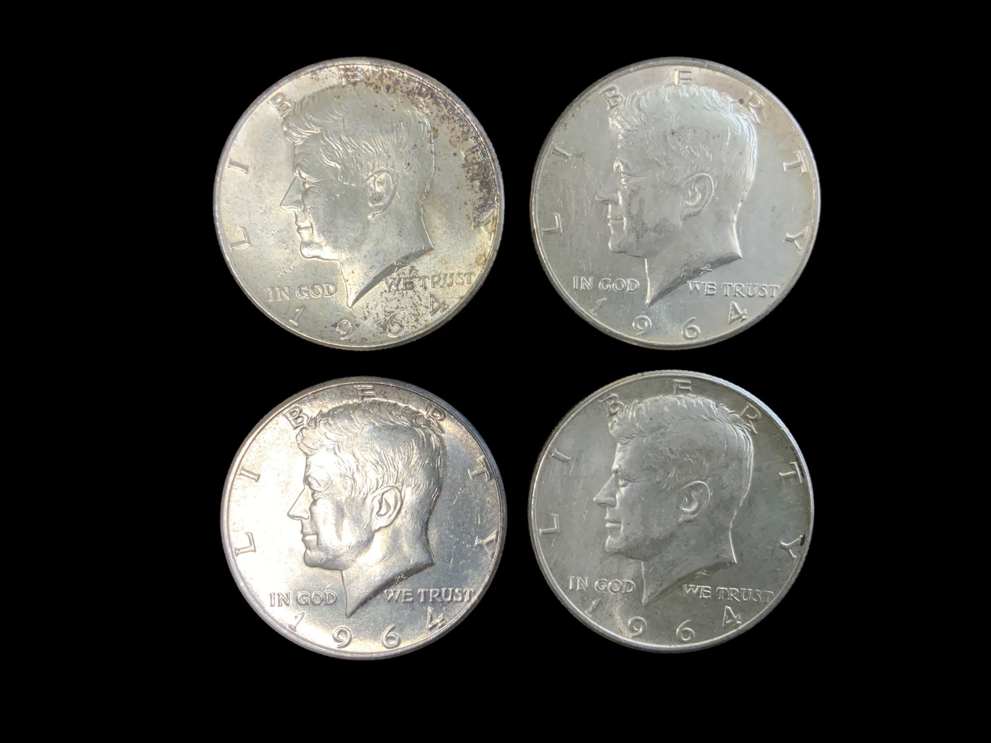 Four Kennedy Half Dollar Coins 90 Percent Silver 1964 Toning #10597 ...