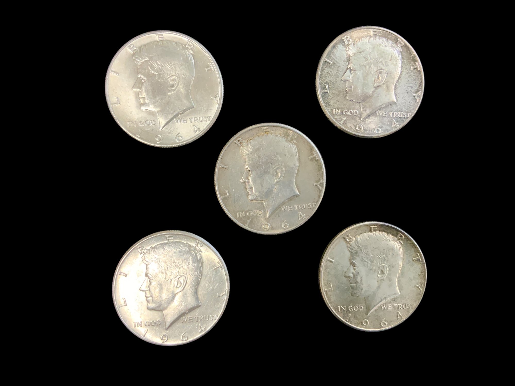 Five Kennedy Half Dollar Coins 90 Percent Silver All 1964 Some Toning ...