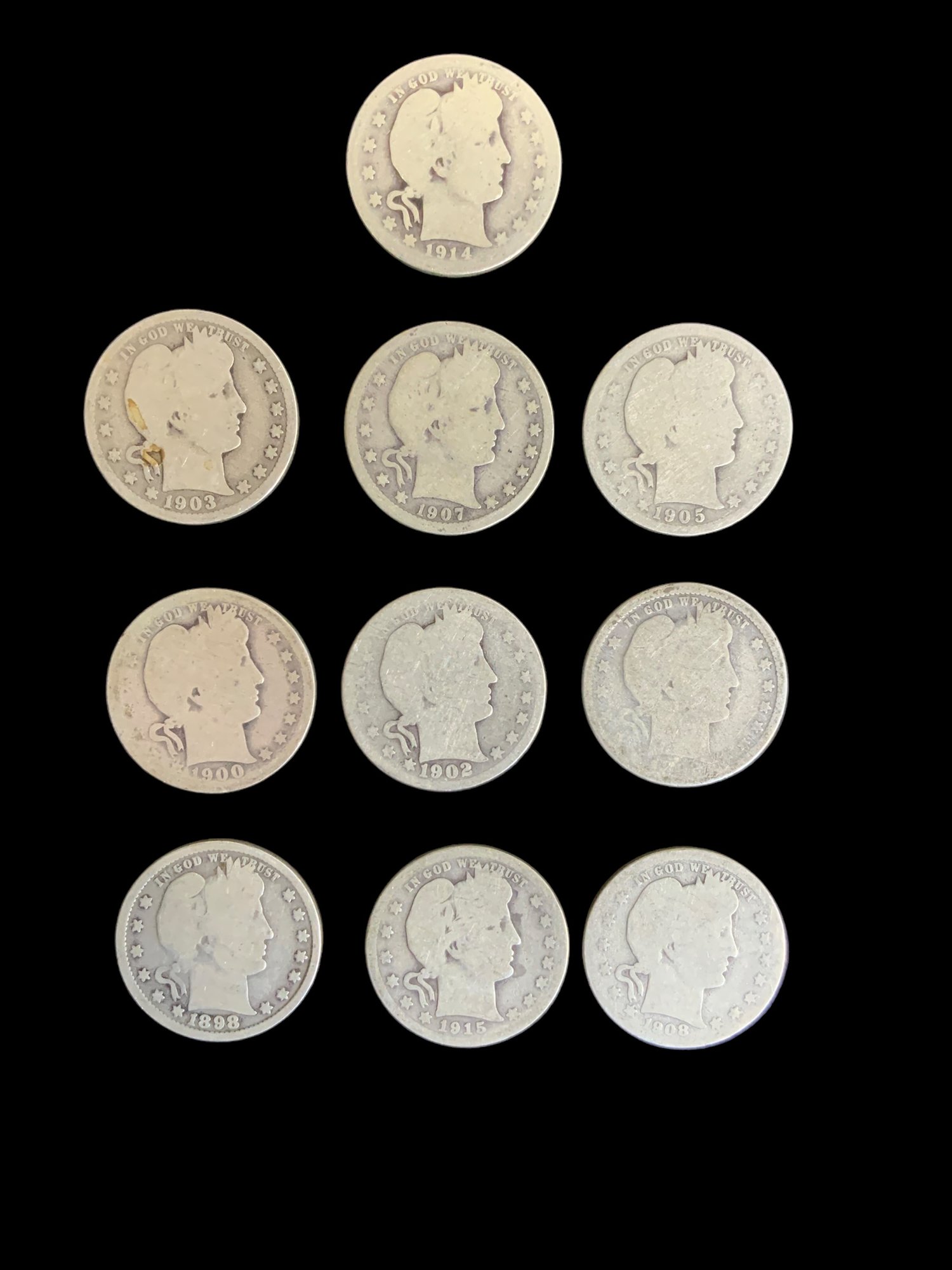 Ten Antique Barber Quarter Dollar Coins 90 Percent Silver Content ...