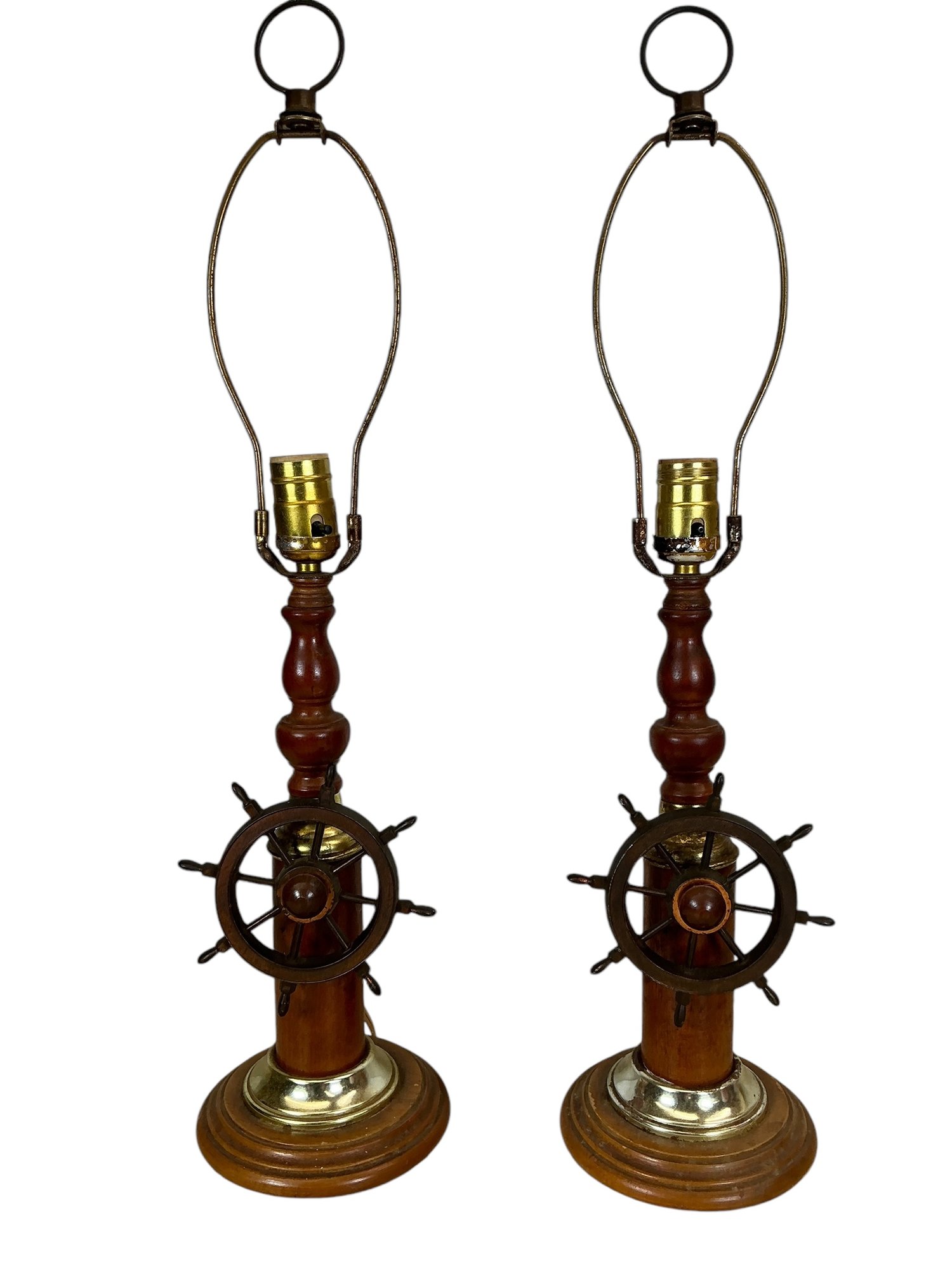 Pair Of Vintage Wood And Metal Ship Wheel Decorated Table Lamps #11270 ...