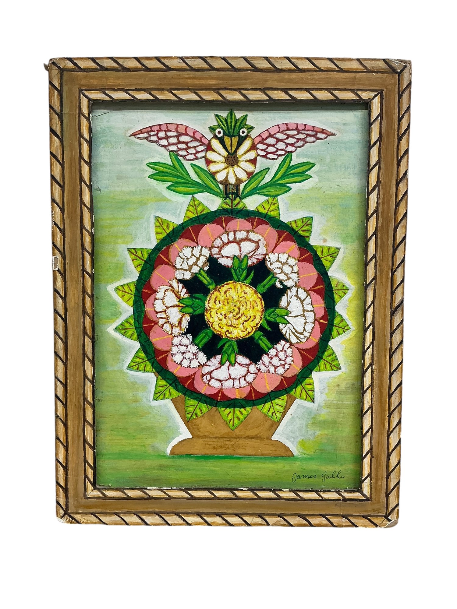 James Gallo Outsider Artist Oil On Paper 1973 Flower In Forehead Symbol ...