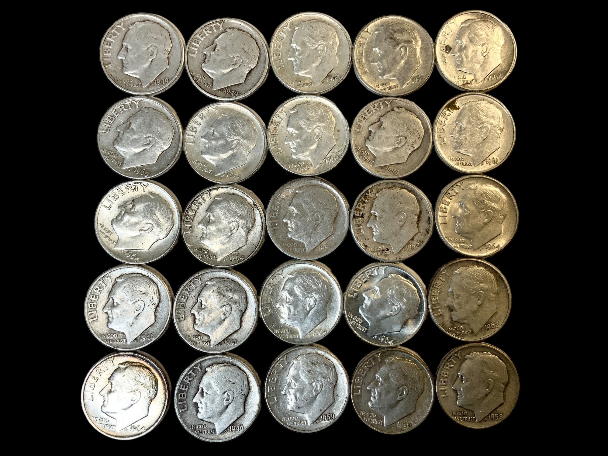 Lot Of 25 Roosevelt Dimes 90 Percent Silver B #9074 | Auctionninja.com