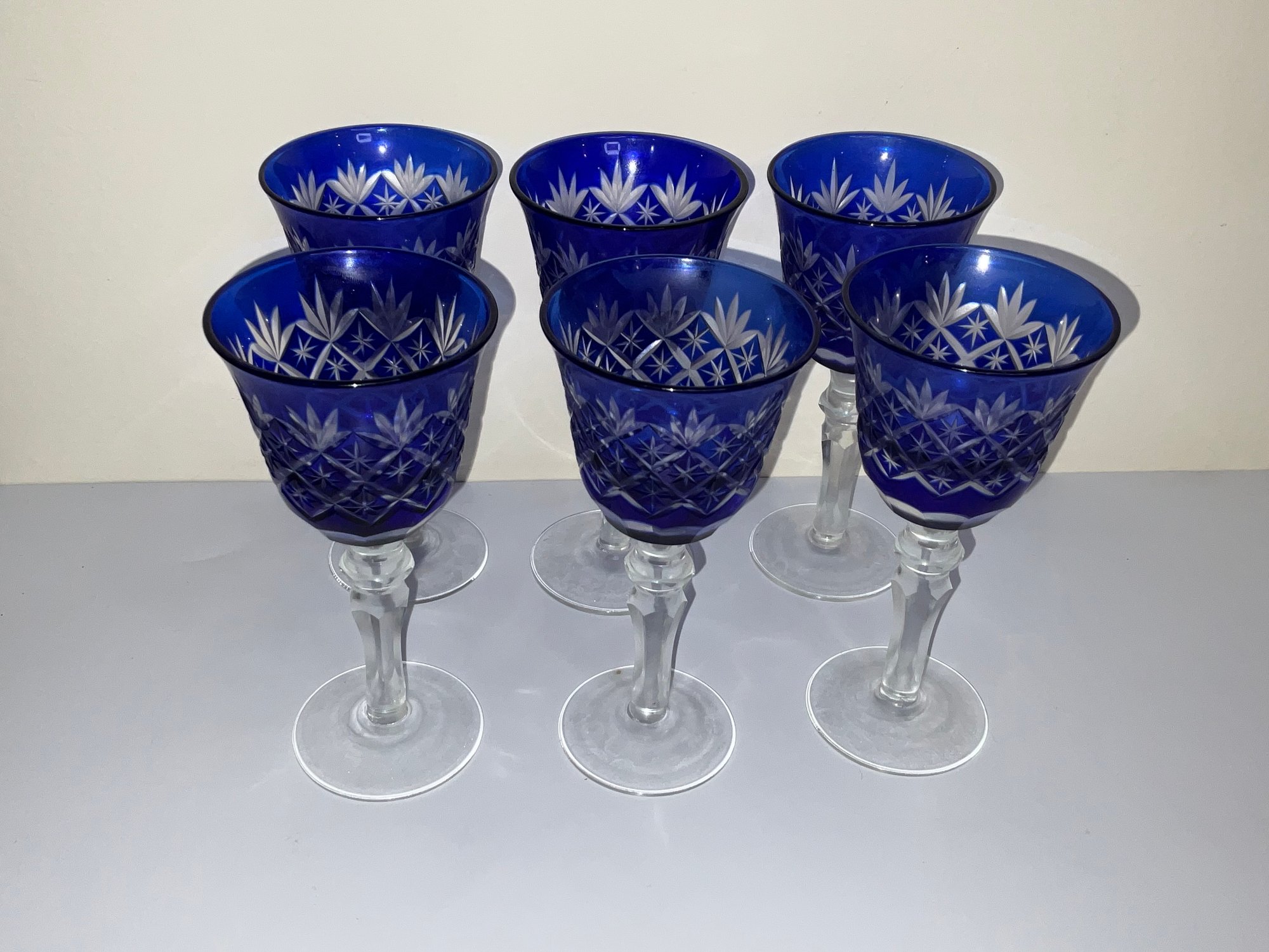 Beautiful Set Of 6 Blue Crystal Glasses #12665 | Auctionninja.com