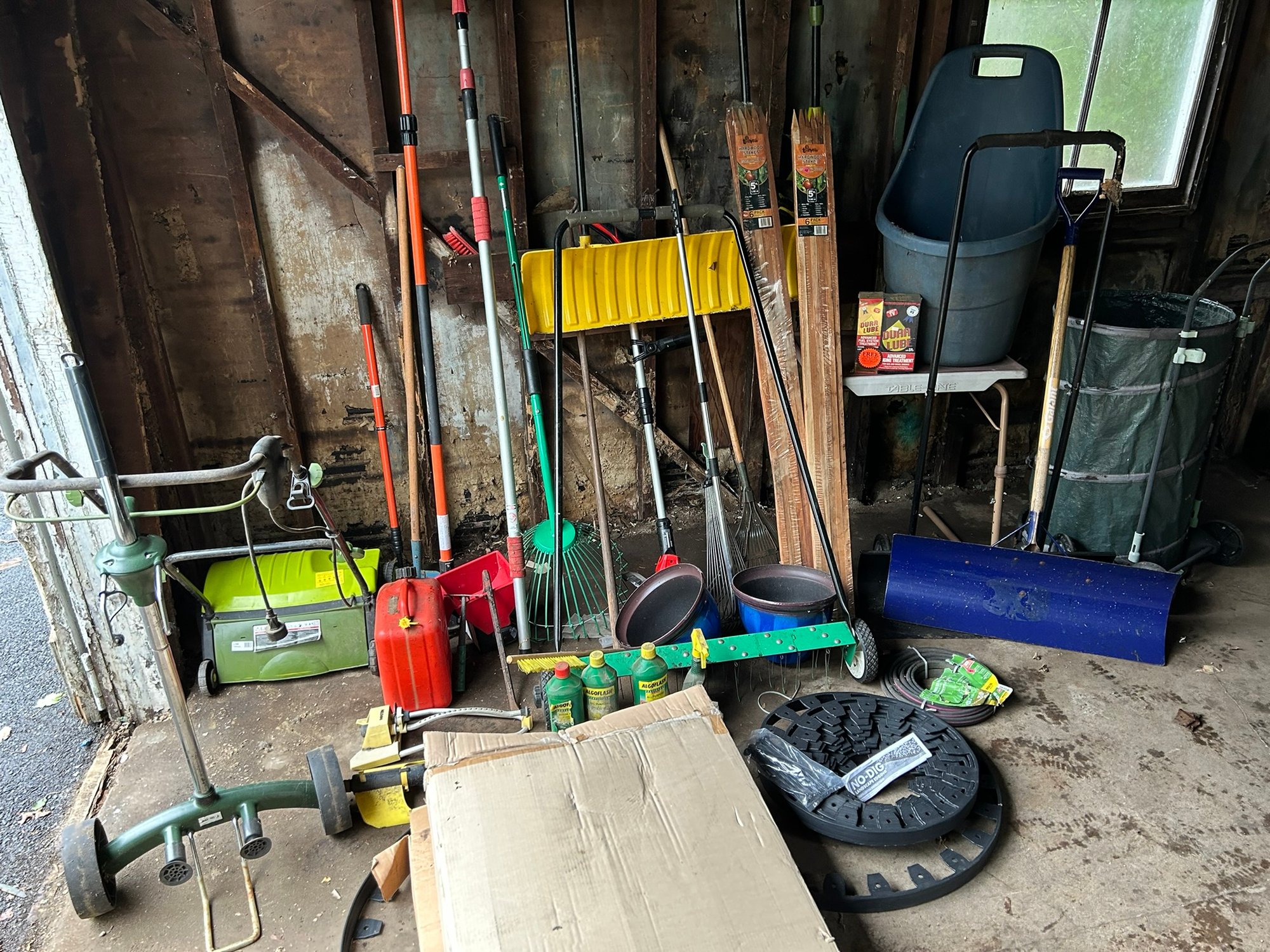 Garage Tool Lot- Snow Shovels, Hand Tools, Yard Carts, Planters, New ...