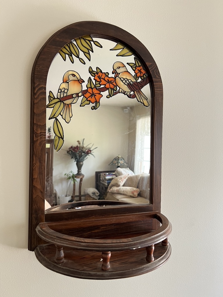 Vintage Wooden Mirrored Shelf With Stained Glass Birds And Leaves ...