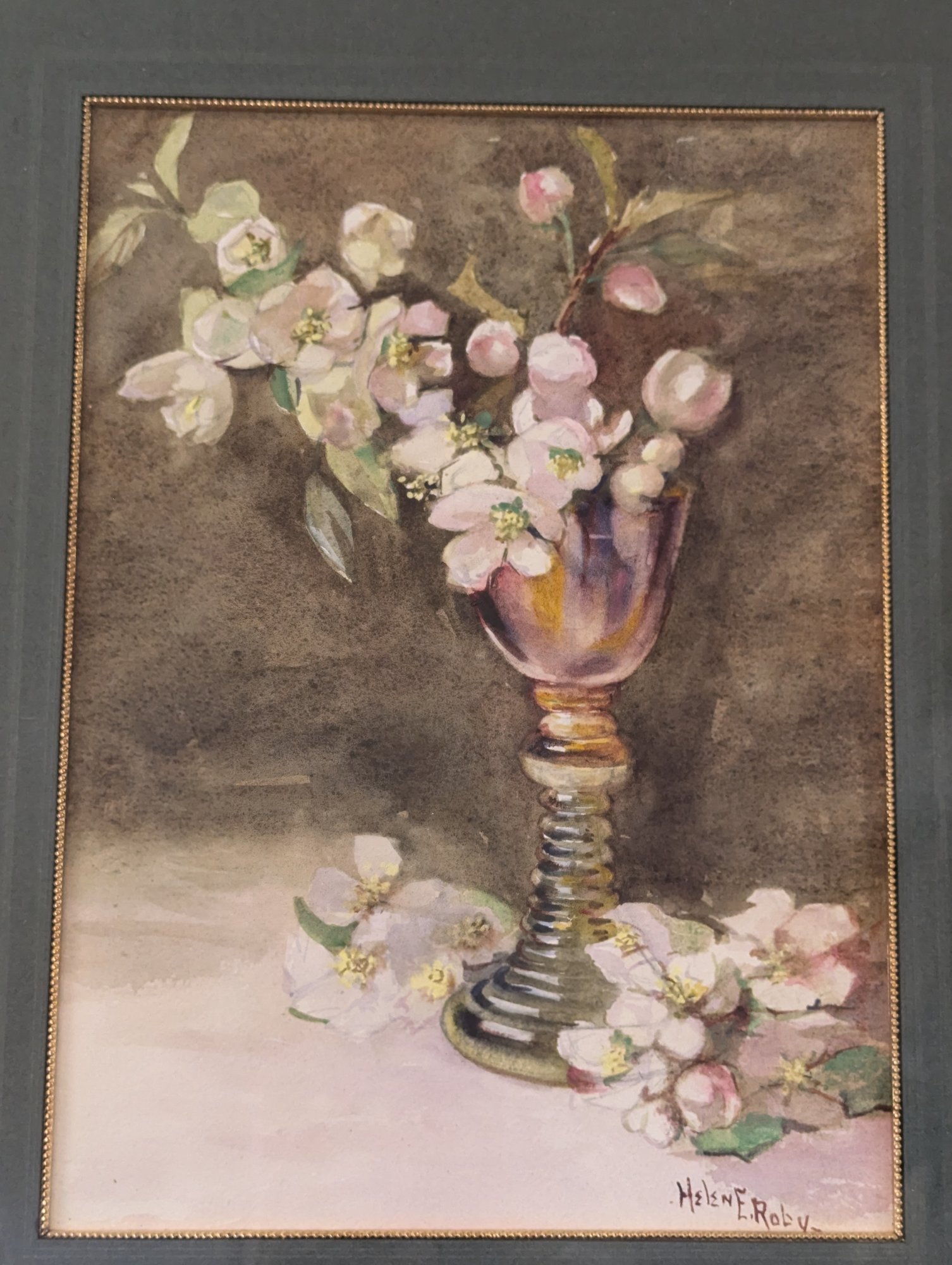 Signed Helen E. Roby Watercolor Still Life Floral Painting Of Apple ...