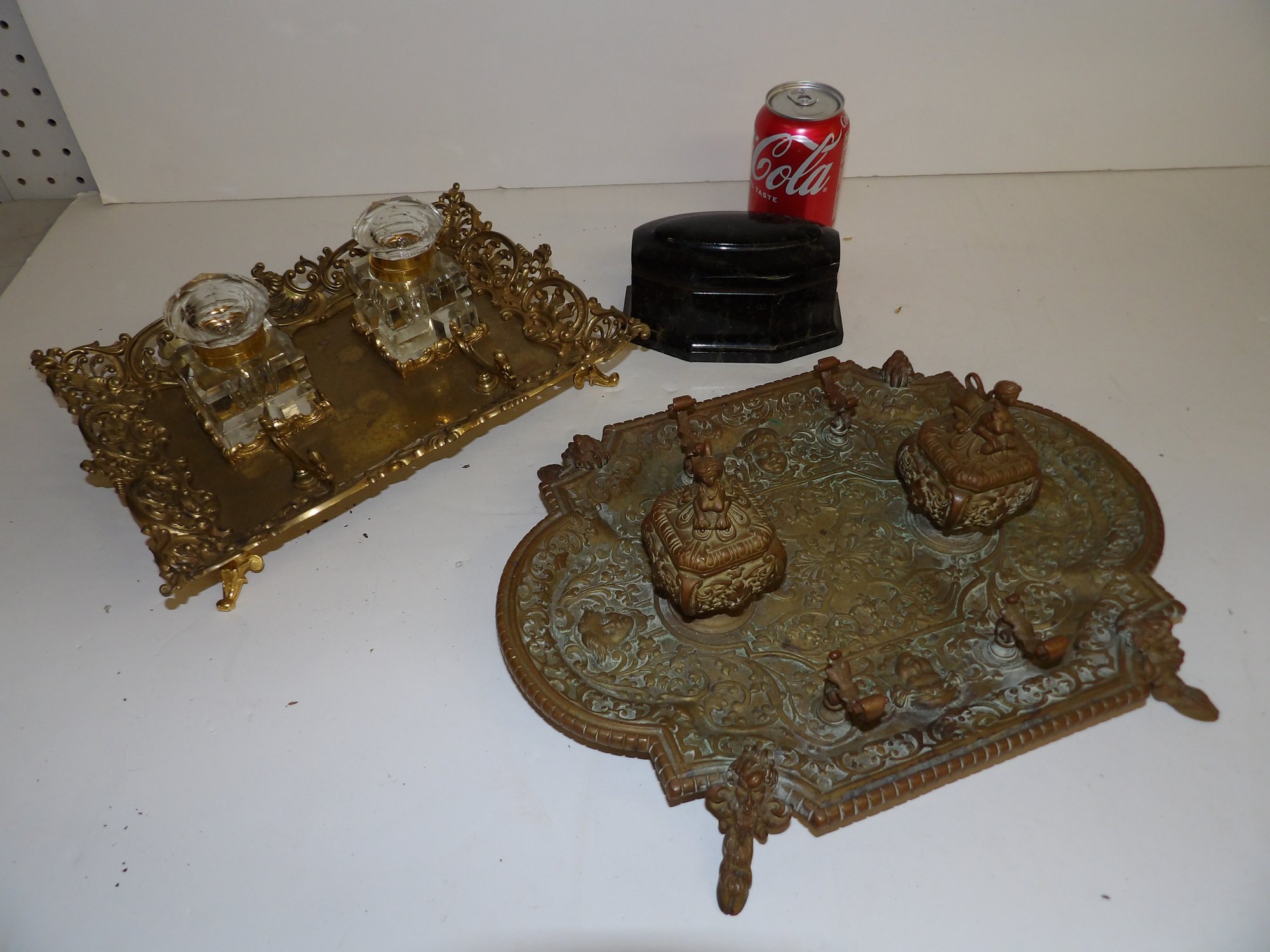 Inkwells: Marble And Brass Hinged Casket, Ornate Brass, Crystal ...