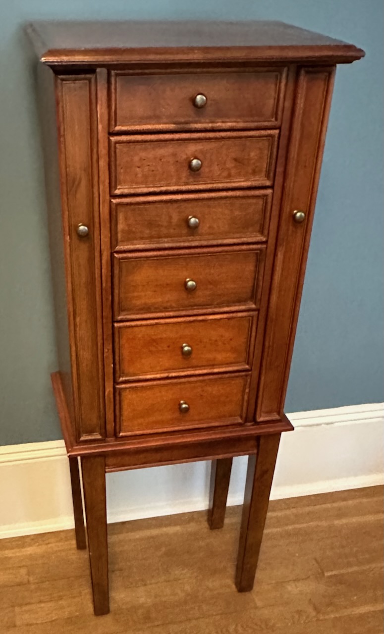 Cherry Like Wood Jewelry Chest, 5 Drawers & 2 Neklace Swing Out Sides ...