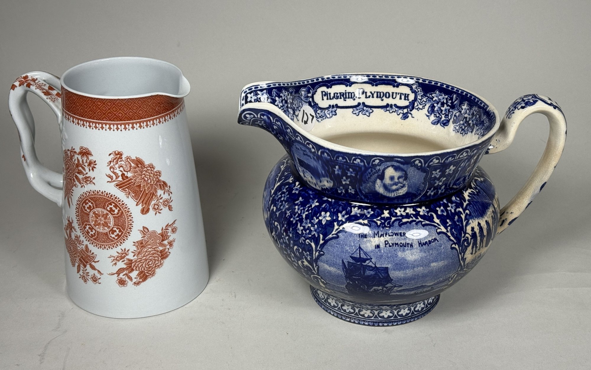 A HISTORIC STAFF PITCHER PILGRIM PLYMOUTH AND A SPODE PITCHER, 9 ...