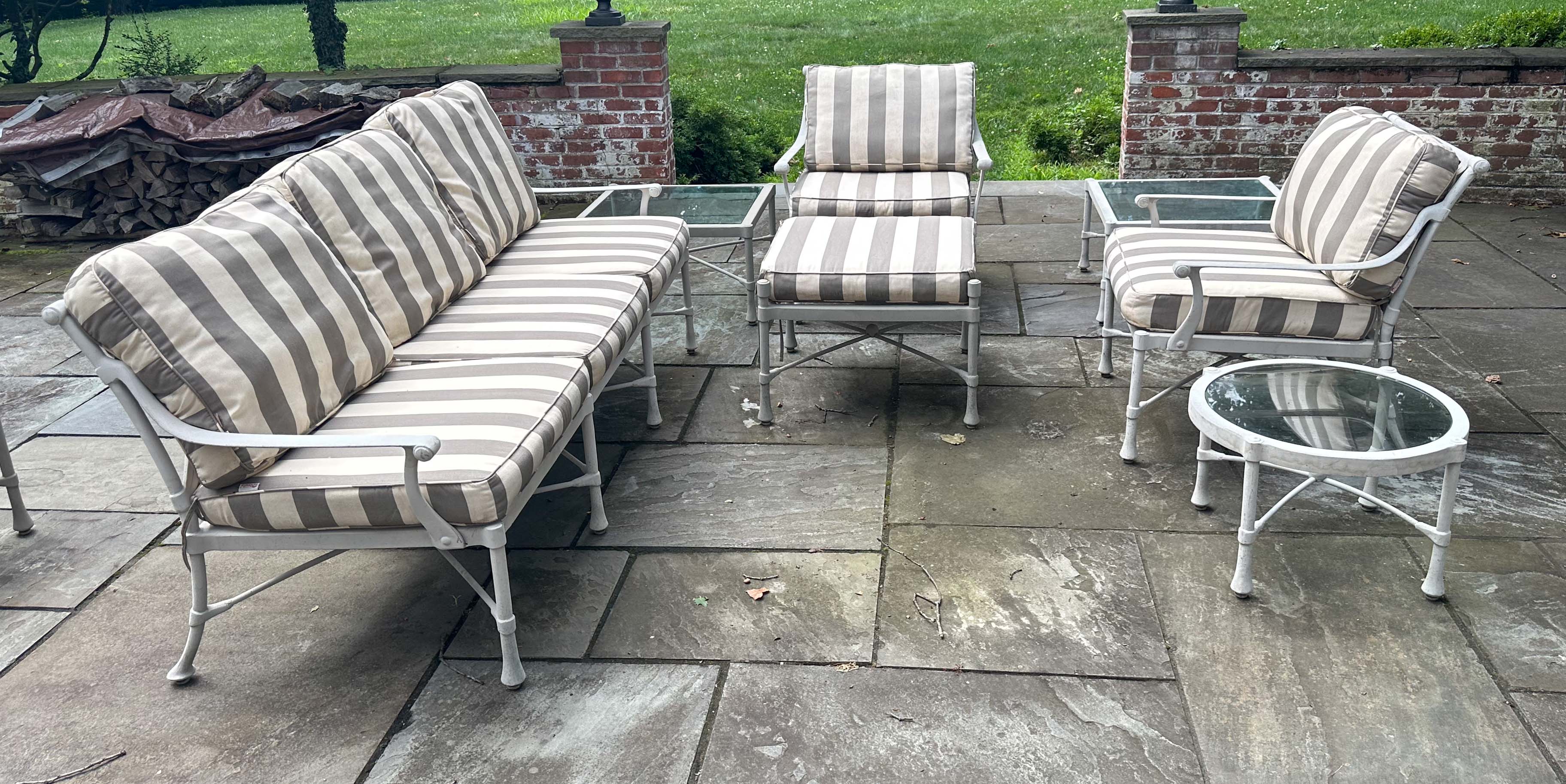(7) Piece Beige Outdoor Patio Set With Sunbrella Tie-On Cushions ...
