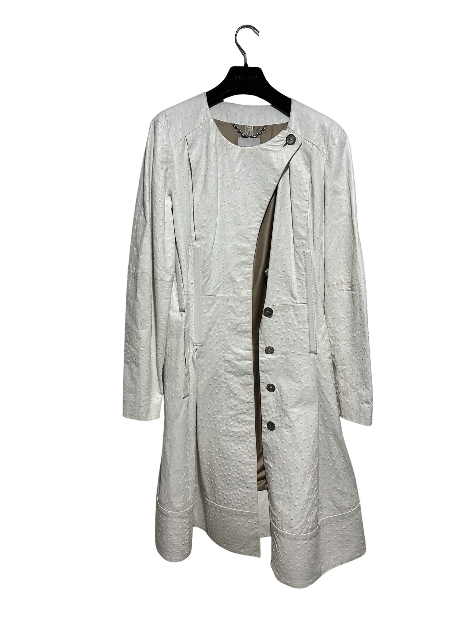 Celine White Ostrich Textured Leather Long Coat, Size 44, $6,500 Retail ...