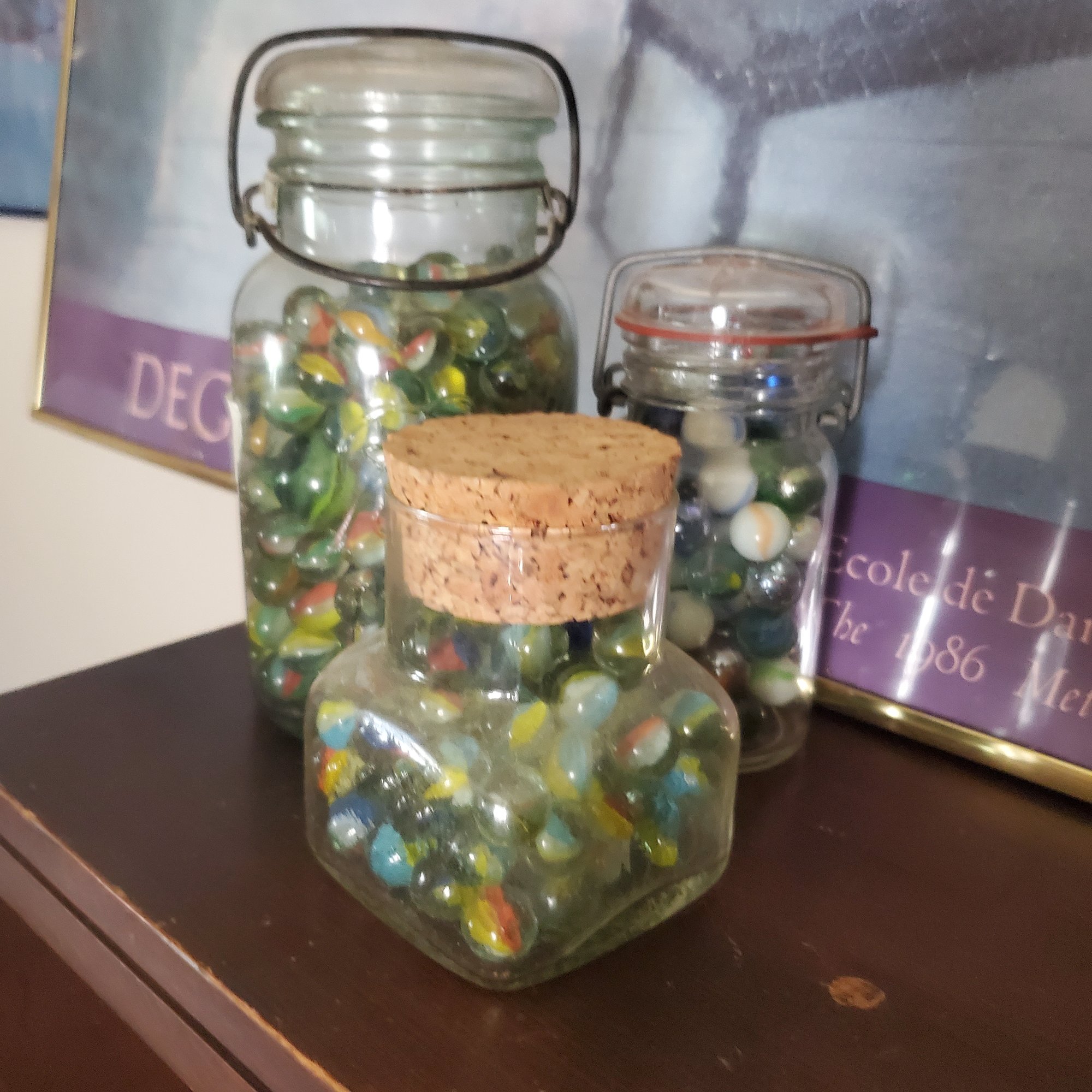 2 Vintage Glass Canning Jars & 1 Smaller Jar Full Of Marbles Approx 325 ...