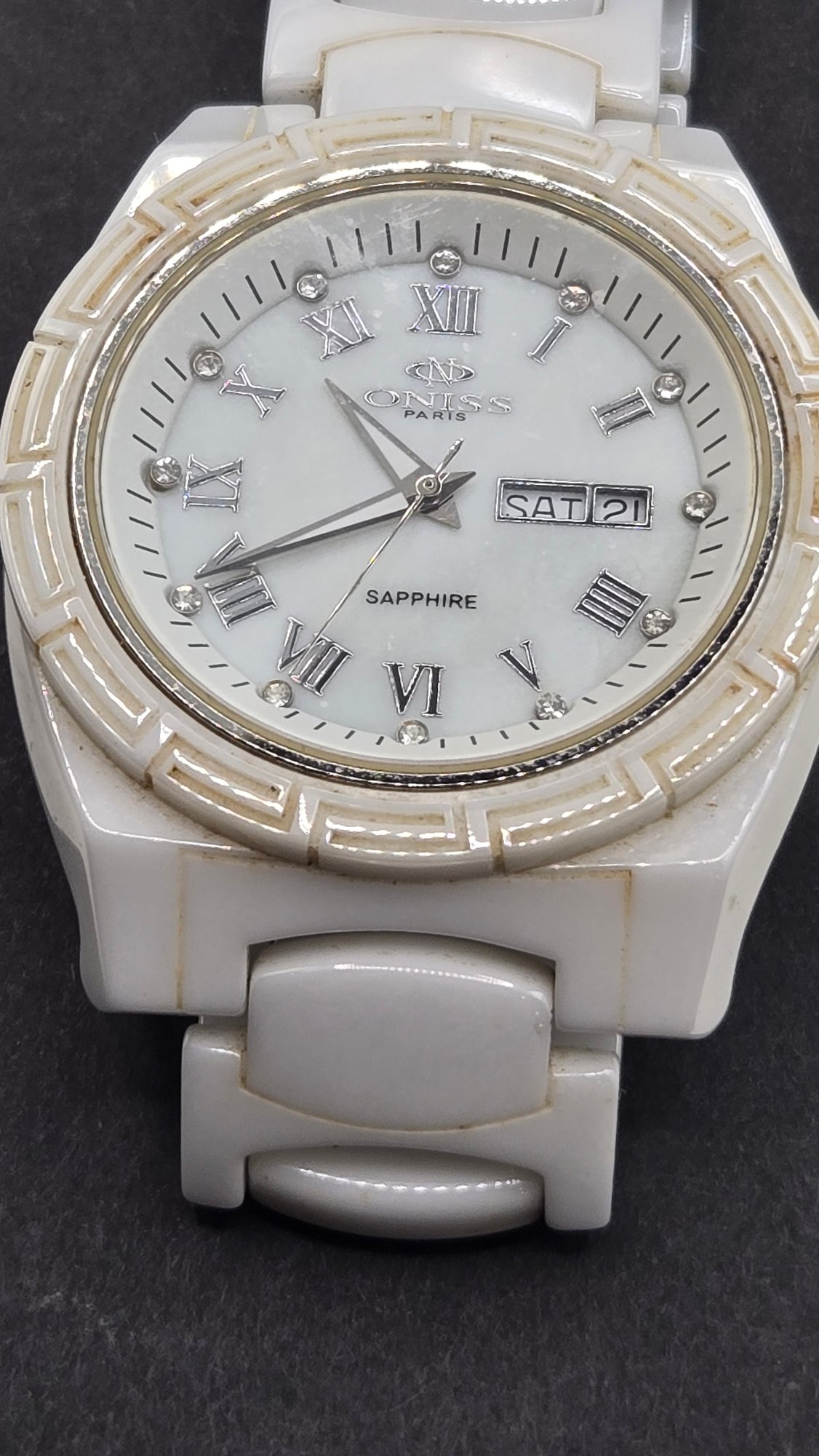 White ONISS Paris Sapphire Designer Crystal Studded Watch With Date ...