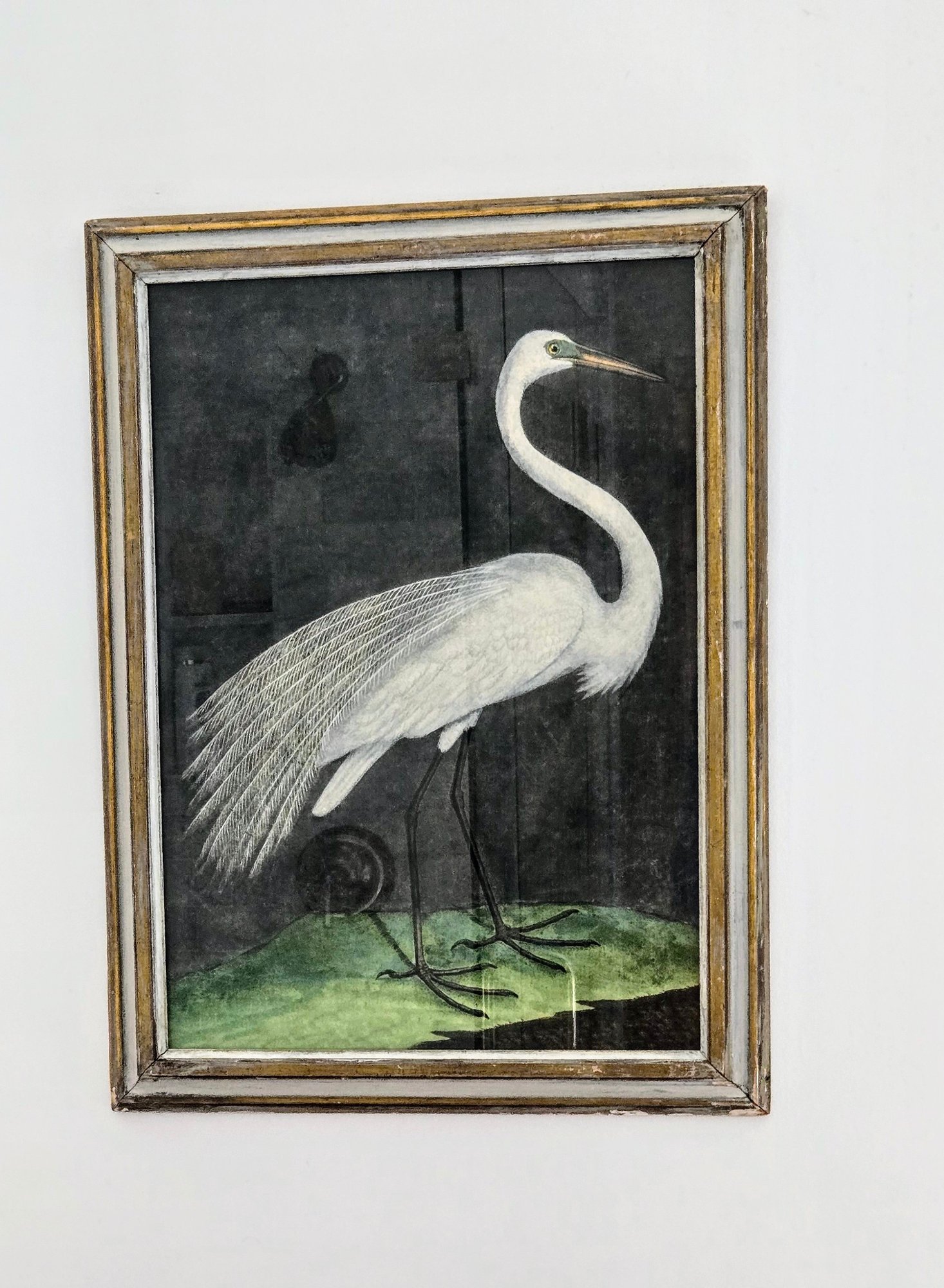 Vintage Inspired Chinese White Crane Folk Art Style Painting With ...