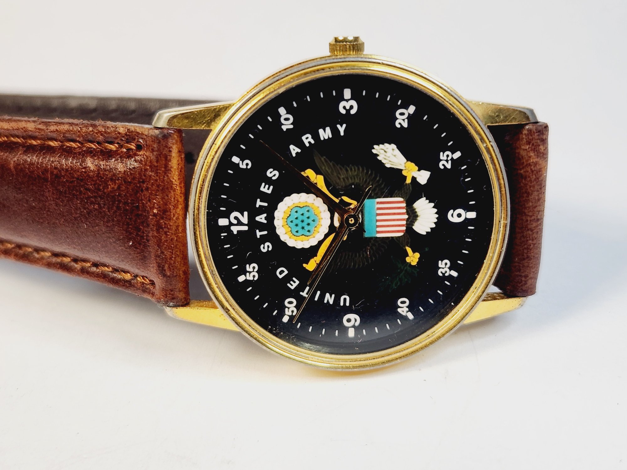 U.S. Army Emblem Classic Wrist Watch Brown Leather Strap #1925094 ...