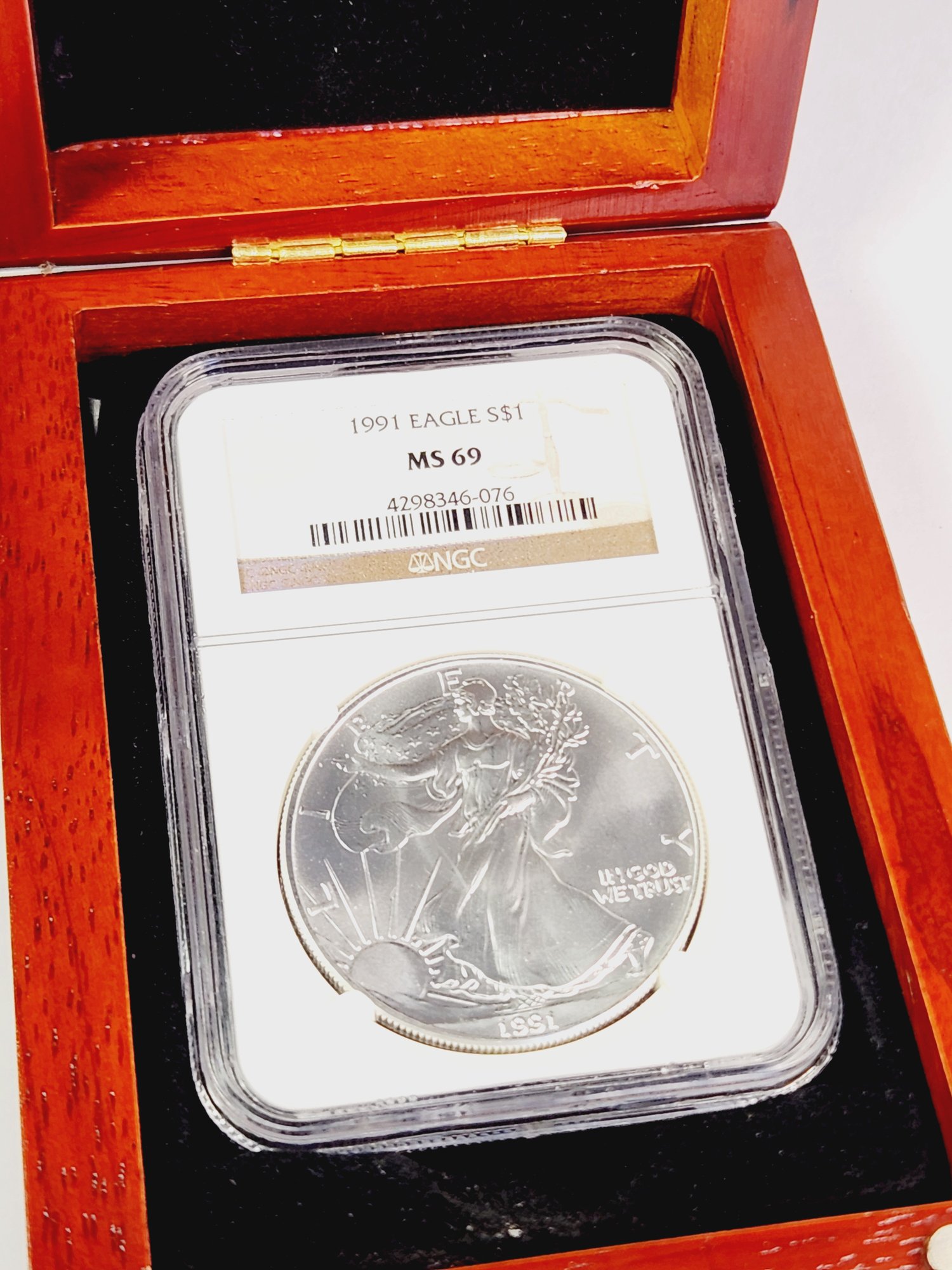 1991 American Silver Eagle US $1 NGC Slab MS69 In Wooden Display Box ...