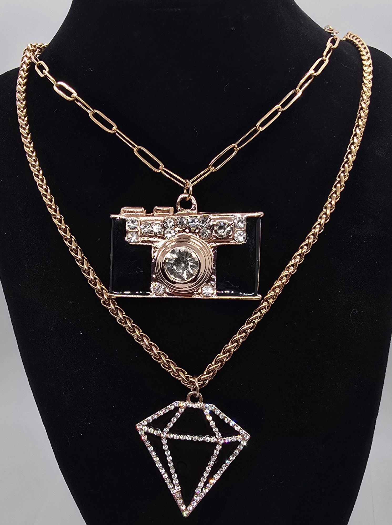 Two Black And Gold Pendant Necklaces (Camera & Diamond Shaped) With ...