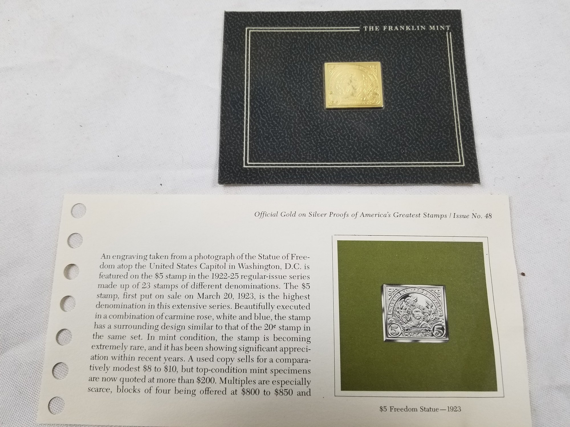 $5 Freedom Statue-1923 No. 48, 24 Karat Gold Plated On .999 Silver ...
