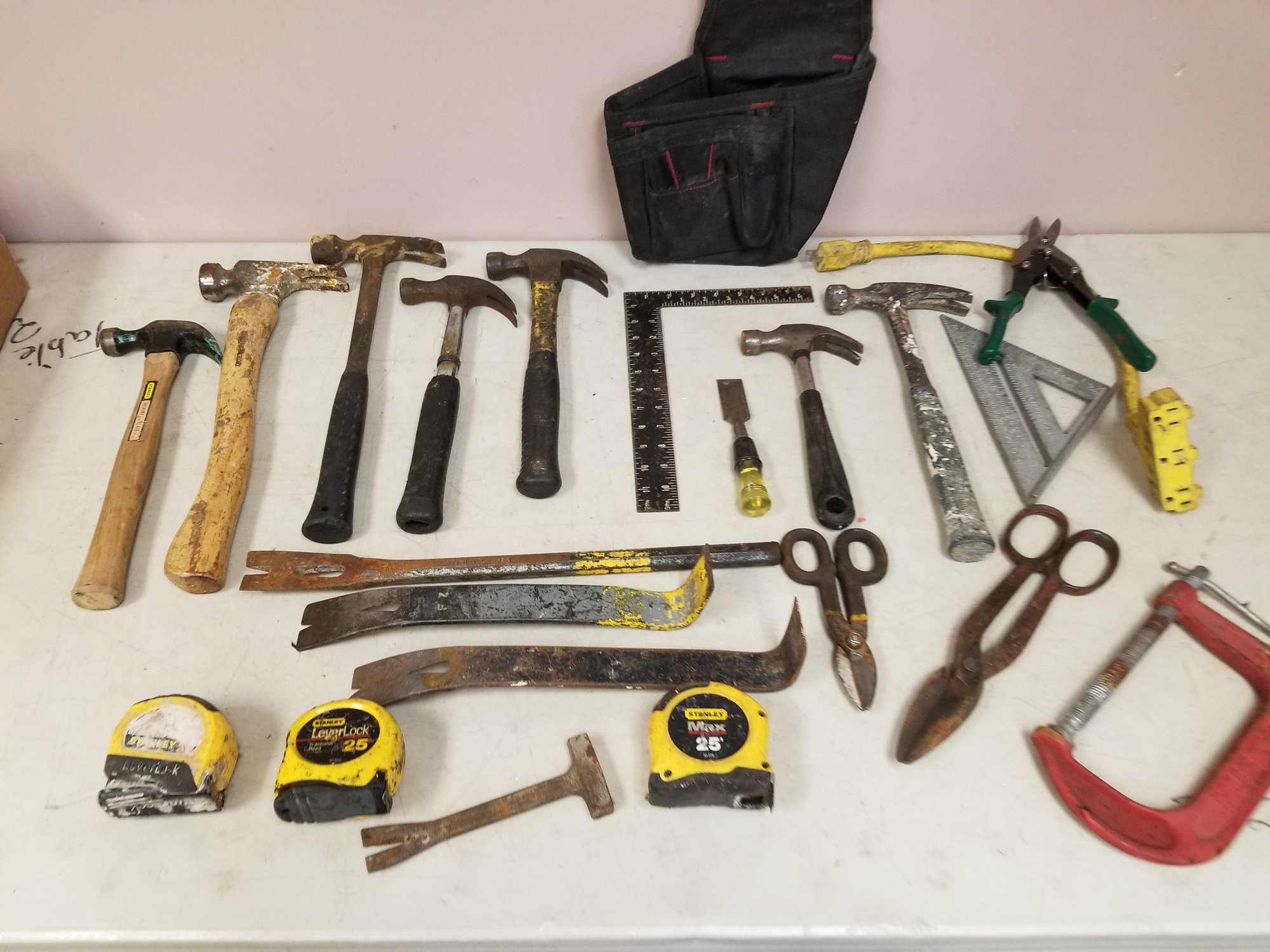 Miscellaneous Carpentry Tools Hammers Square Measuring Tapes Pry Bars ...