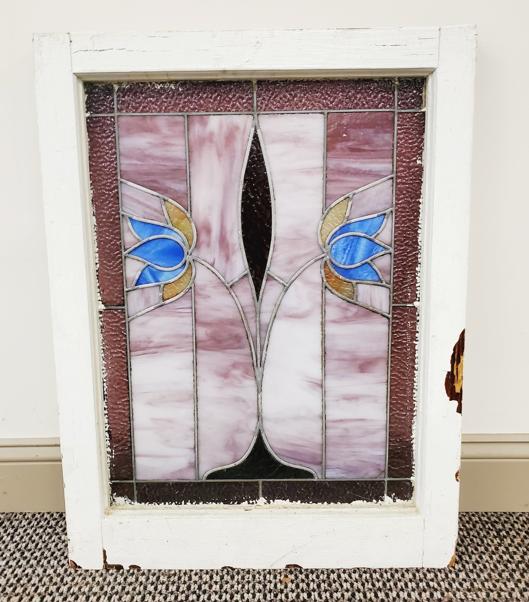 Antique Colorful Framed Slag Stained Leaded Glass Floral Window Panel ...