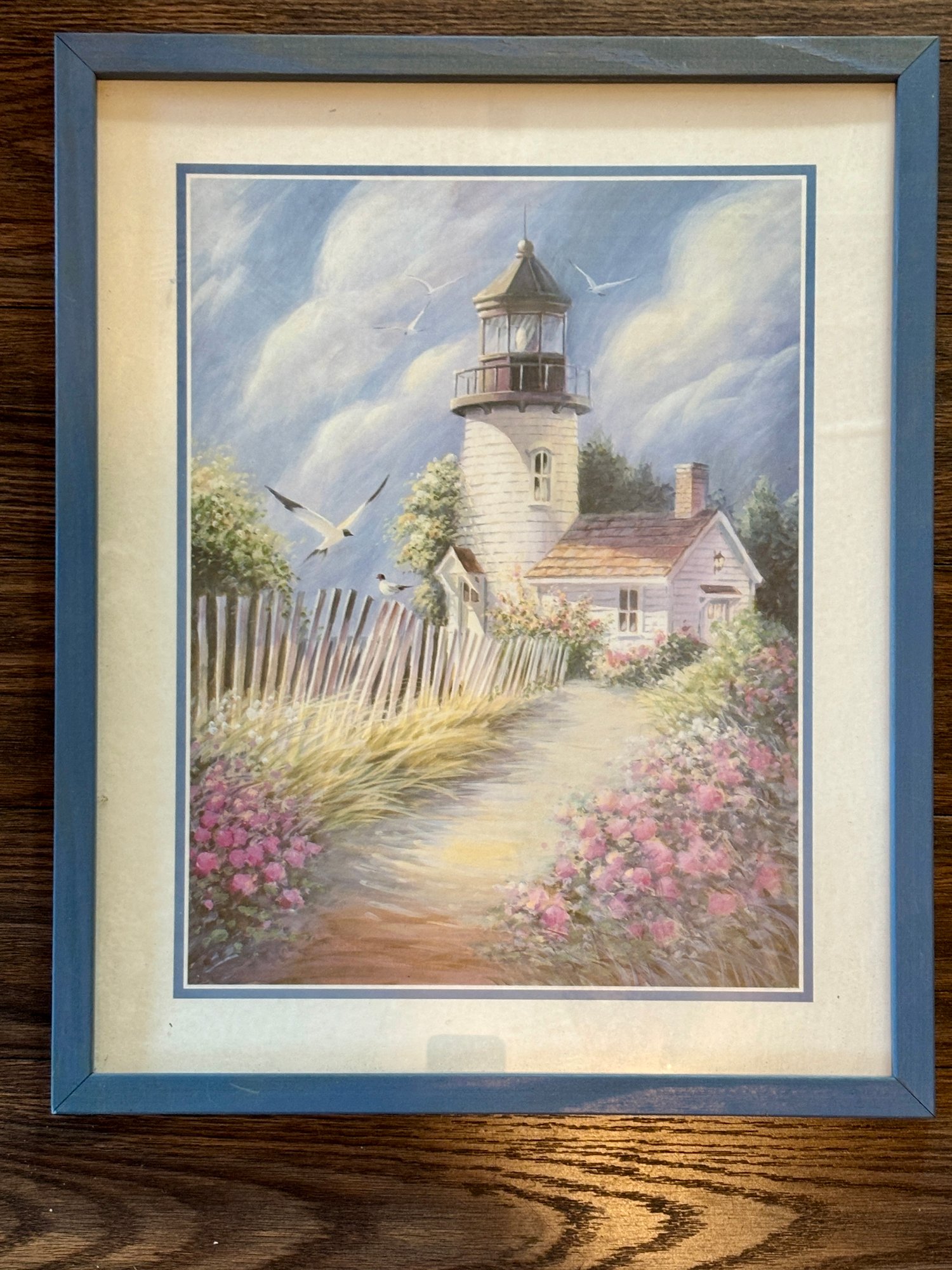 Coastal Framed Lighthouse With Two Birds And A White Fence 24" X 30 ...