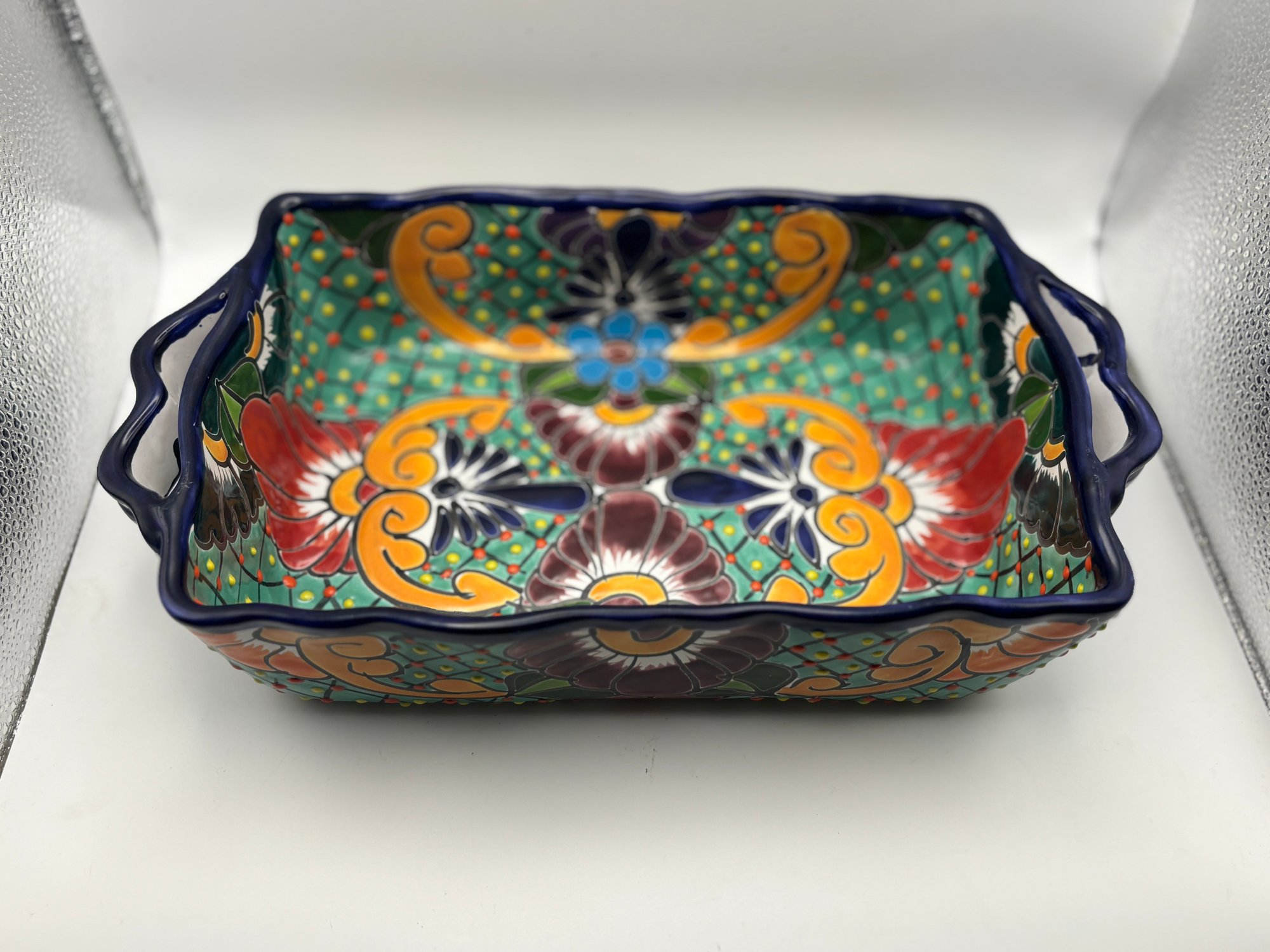 Colorful Talavera-Style Lead-Free Pottery Baking Dish With Handles ...