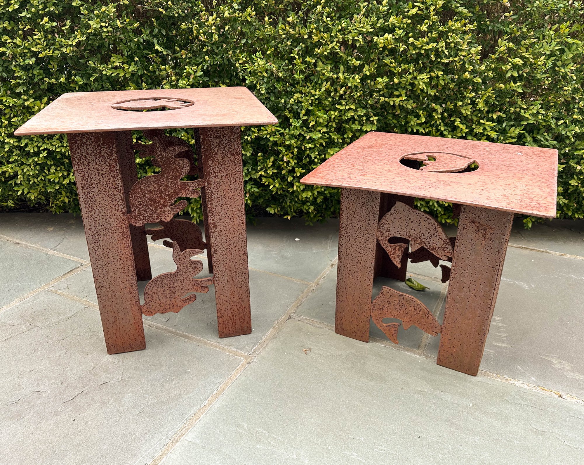 Pair Of Metal Stencil Cut Side Tables Featuring A Dolphin And Rabbit ...