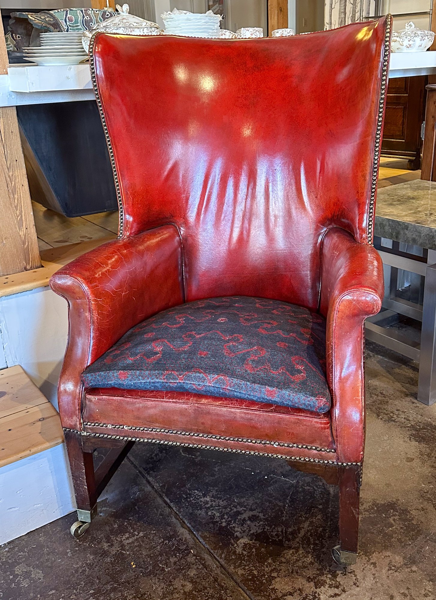 Vintage Red Leather Nail Trim Wing Back Chair #2078243 | Auctionninja.com